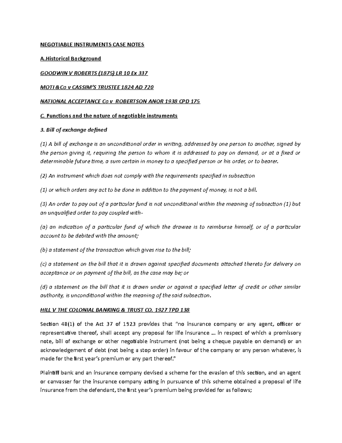 Negotiable Instruments CASE Notes - NEGOTIABLE INSTRUMENTS CASE NOTES A ...