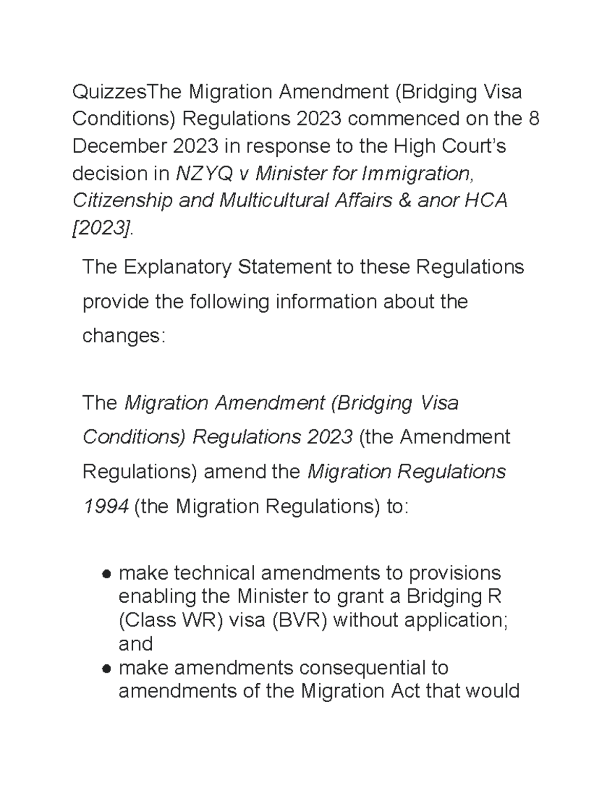 Monday - QuizzesThe Migration Amendment (Bridging Visa Conditions ...