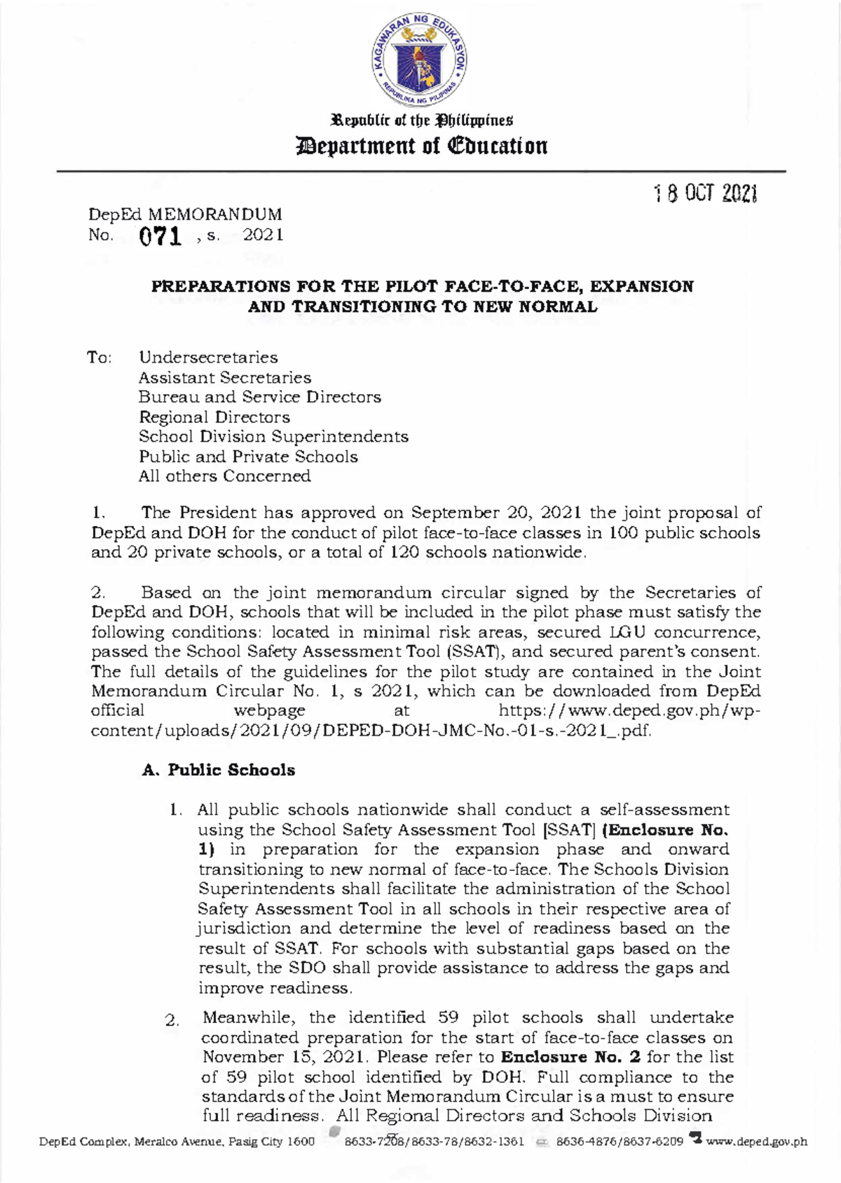 DM s2021 071 - deped order - DepEd MEMORANDUM No. , s. 2021 llepublic ...
