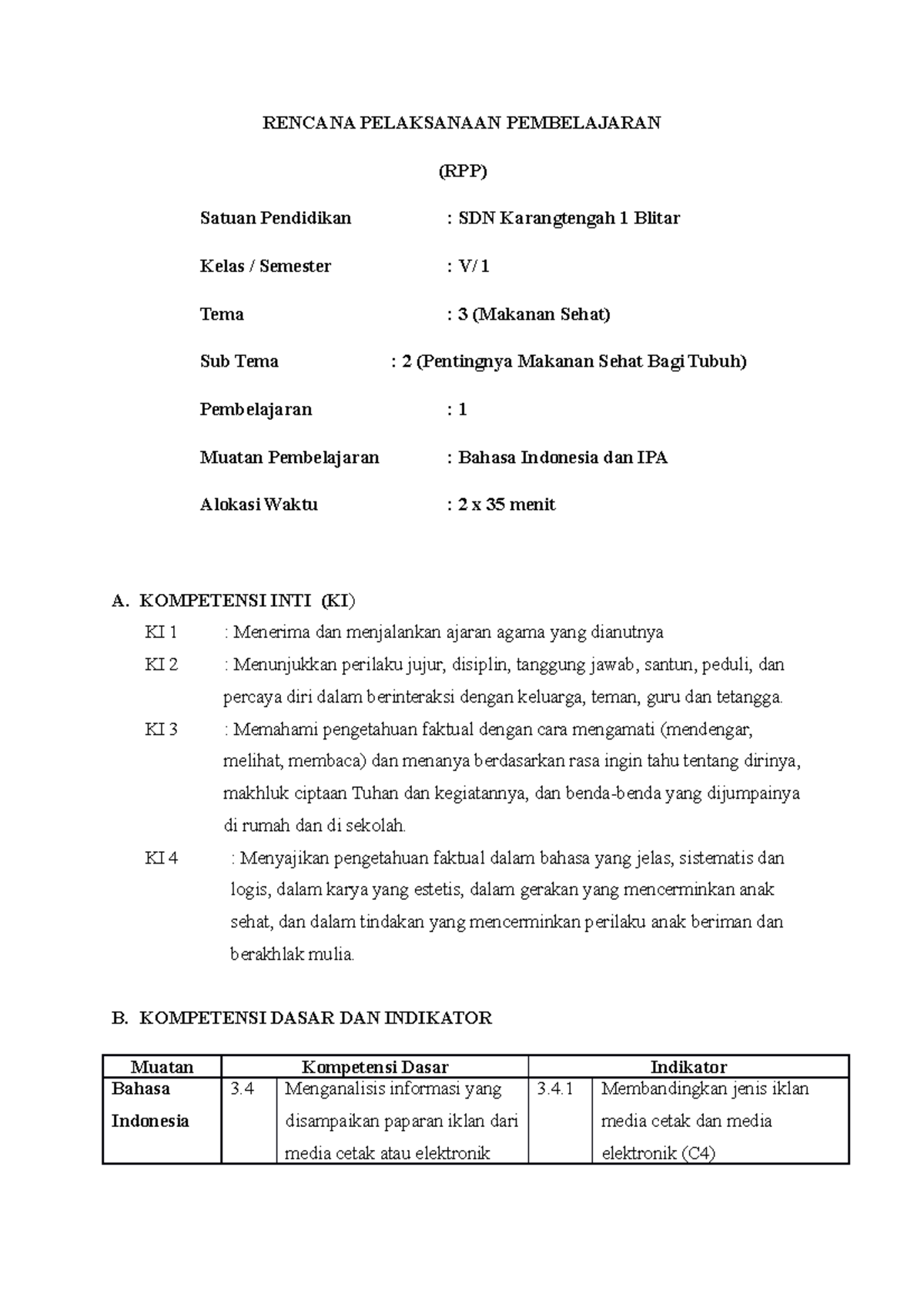 RPP Kelas 5 TEMA 3 ST 2 PB 1 - RENCANA PELAKSANAAN PEMBELAJARAN (RPP) Satuan Pendidikan : SDN ...