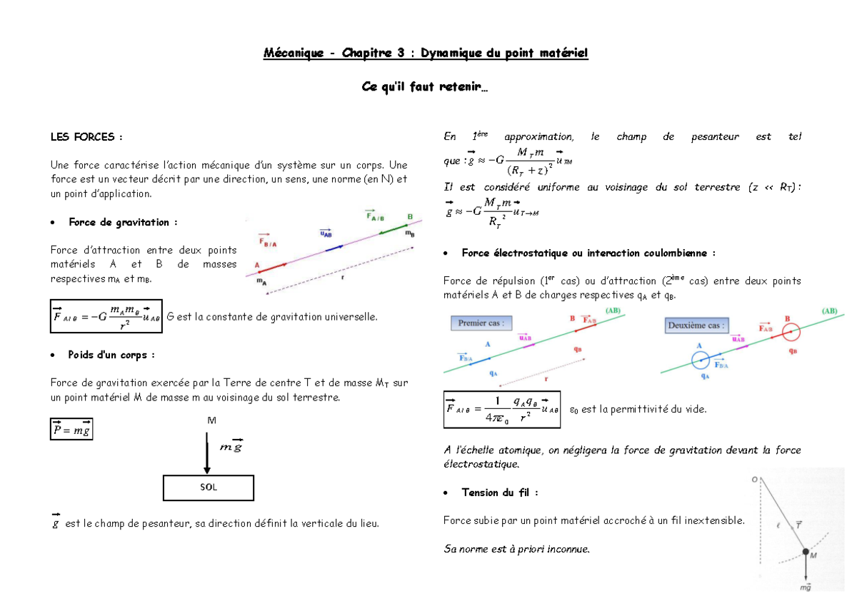 Dynamique du point materiel cours - Mécanique - Chapitre 3 : Dynamique du point matériel Ce qu ...