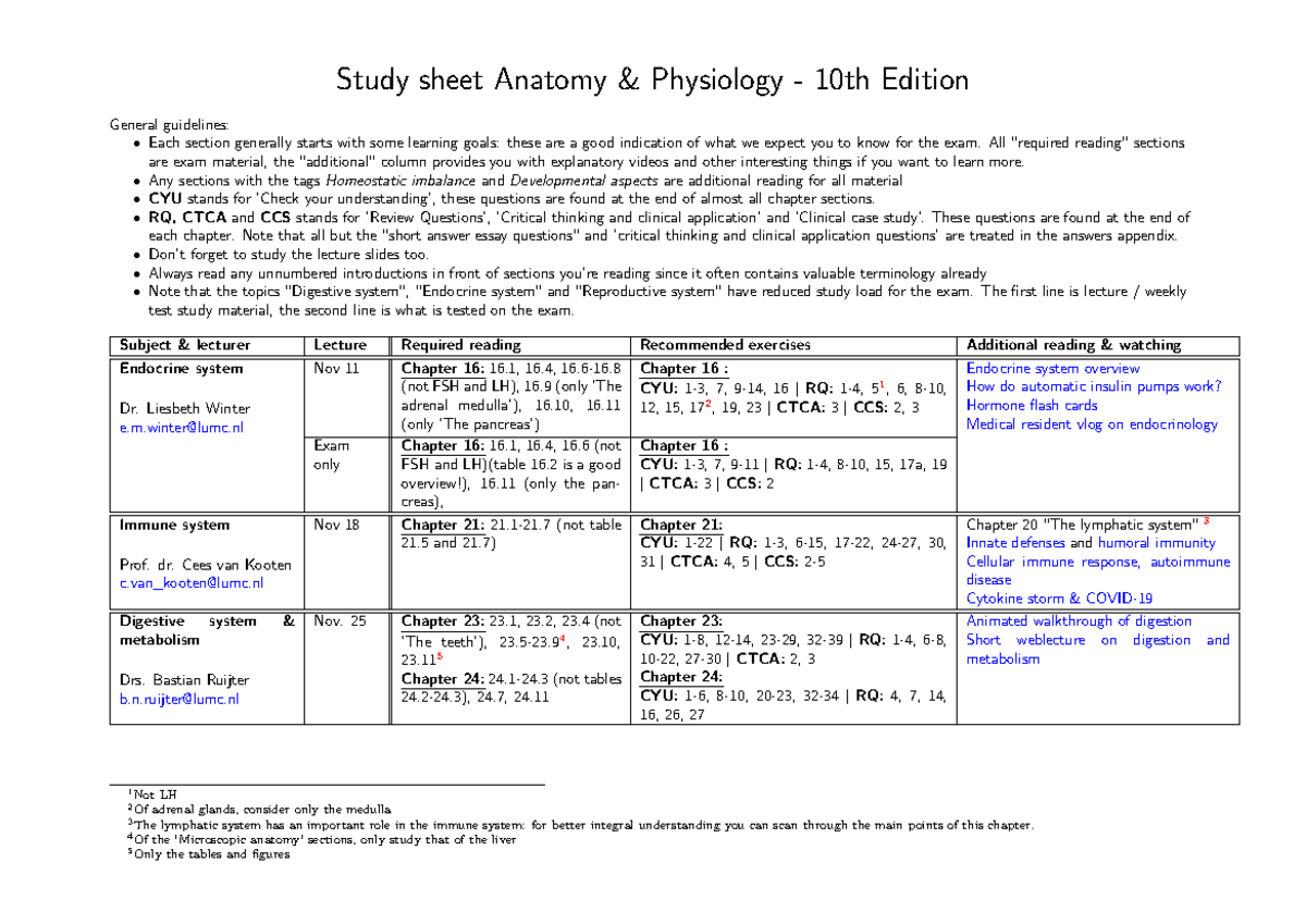 Study sheet Q2 10E V2.0 - Study sheet Anatomy & Physiology - 10th ...