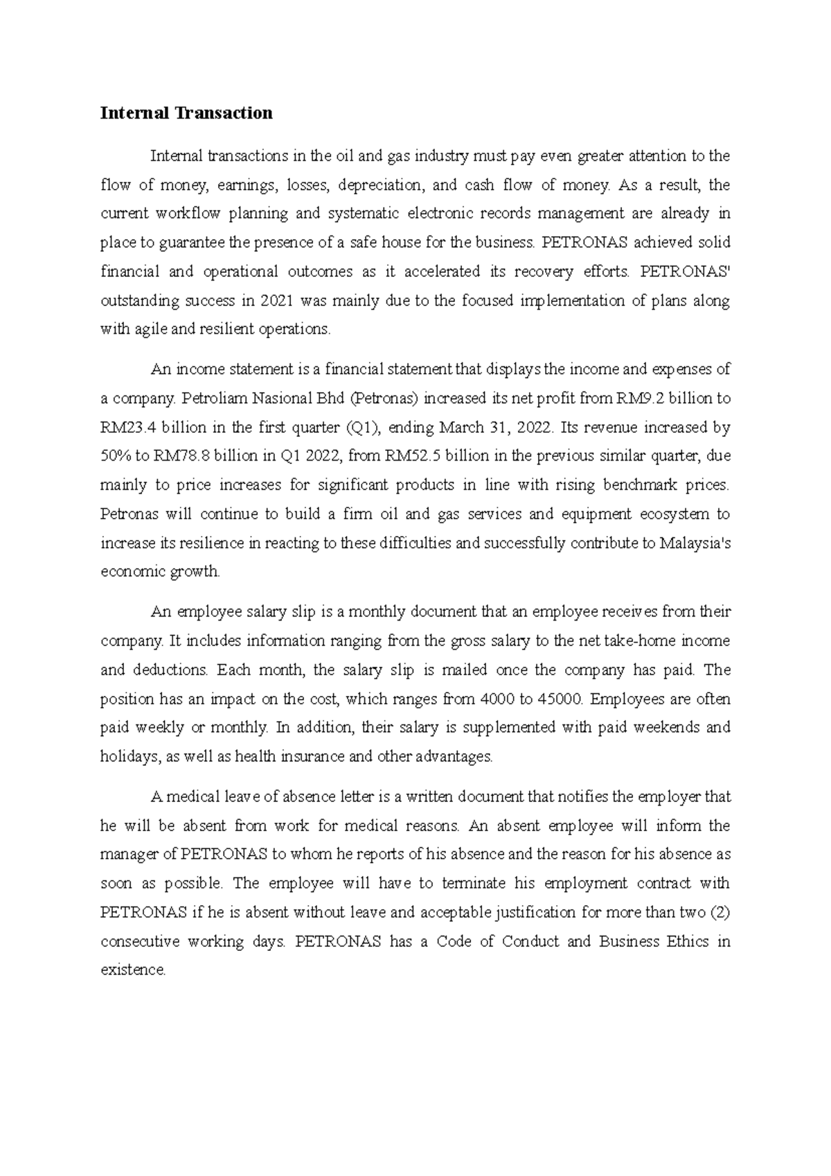 Internal Transaction - Internal Transaction Internal transactions in the oil and gas industry ...