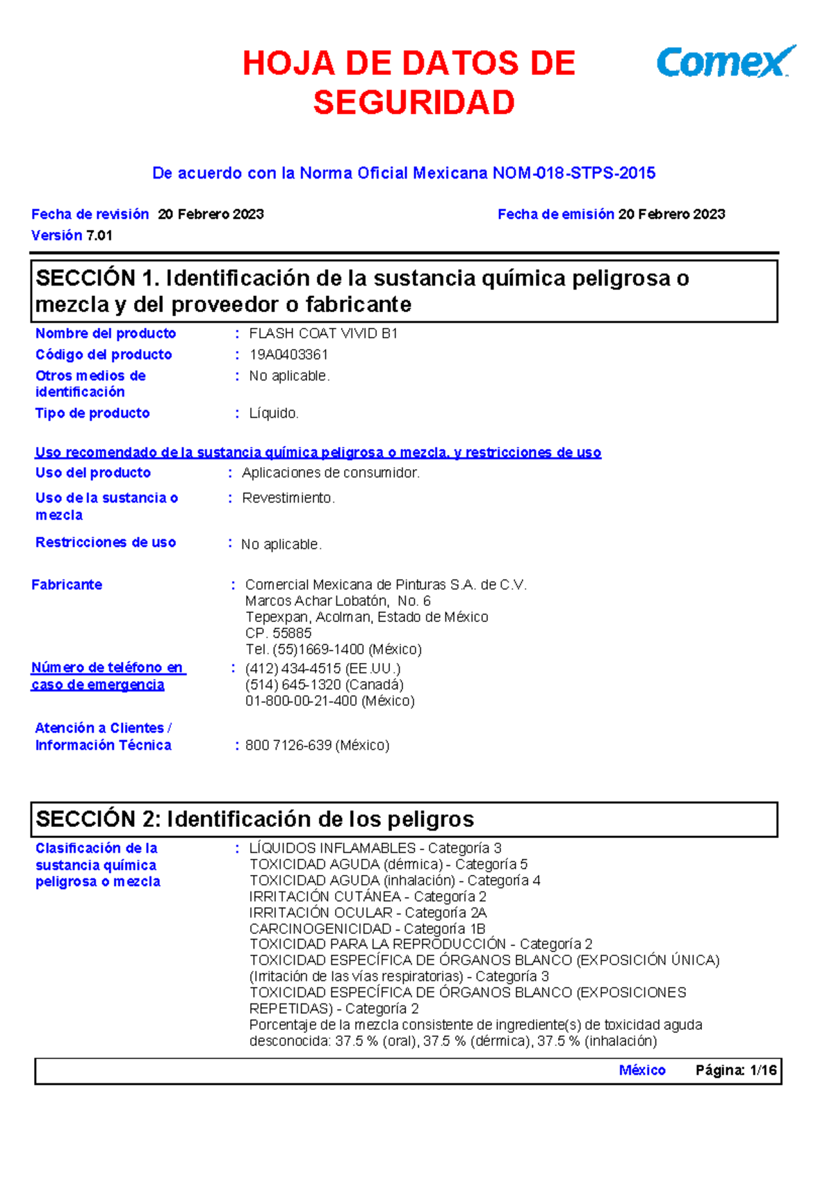 HDS Flash COAT Vivid B1 (25) - FLASH COAT VIVID B No aplicable. Líquido ...