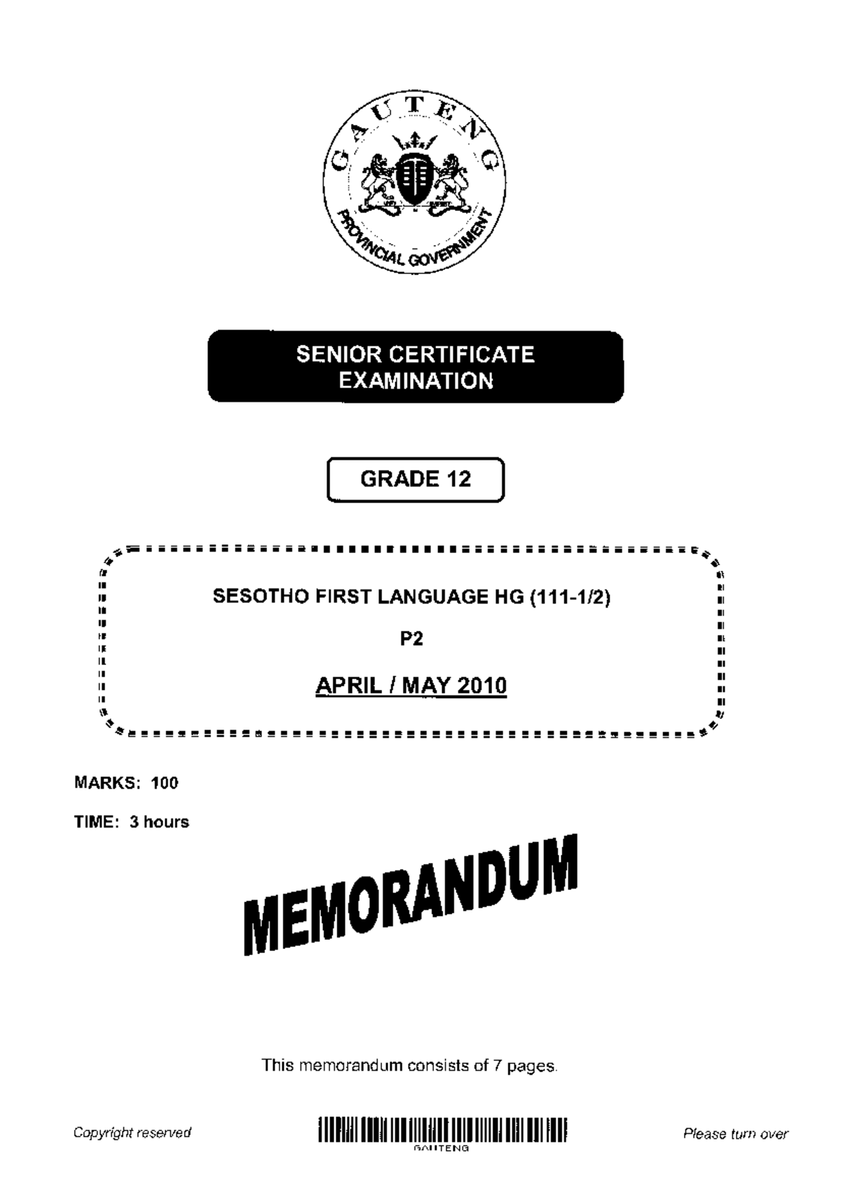 Grade 12 SC Sesotho HG P2 June 2010 Possible Answers - SSML1514 - Studocu