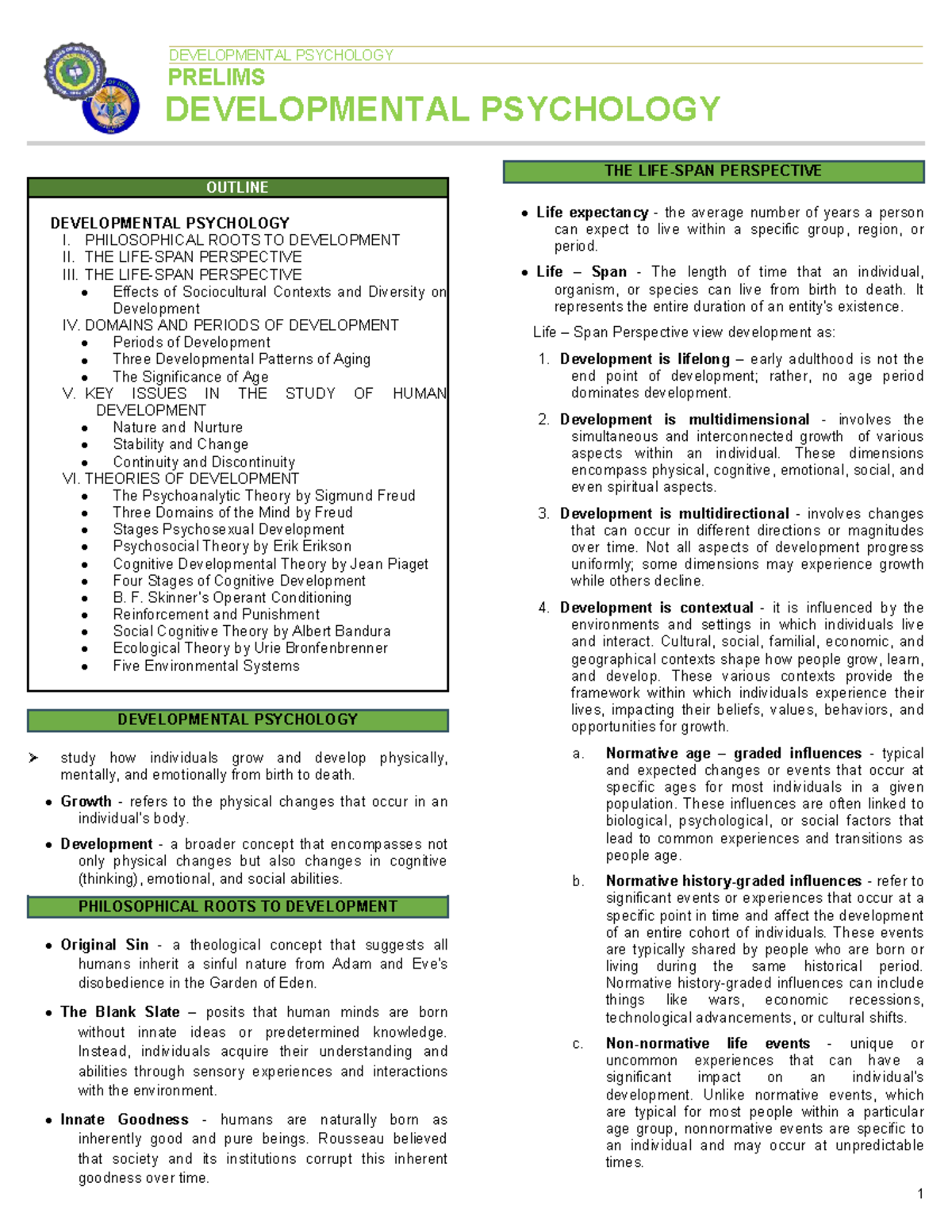 DEV- Psych- Prelims - DEVELOPMENTAL PSYCHOLOGY PRELIMS DEVELOPMENTAL PSYCHOLOGY OUTLINE - Studocu
