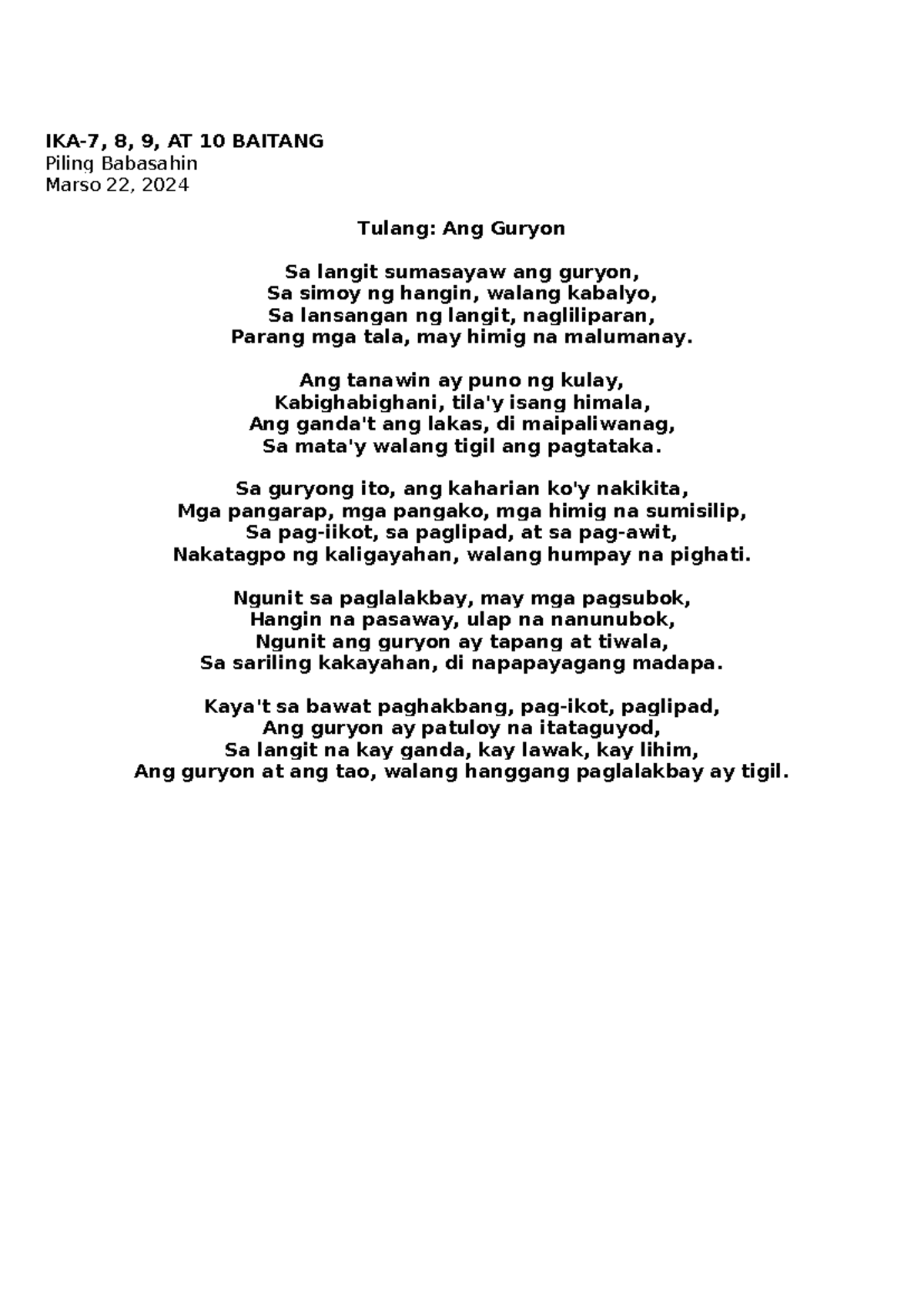 Marso 22 Grade 7 10 Filipino Catch UP Friday ANG Guryon - IKA-7, 8, 9 ...