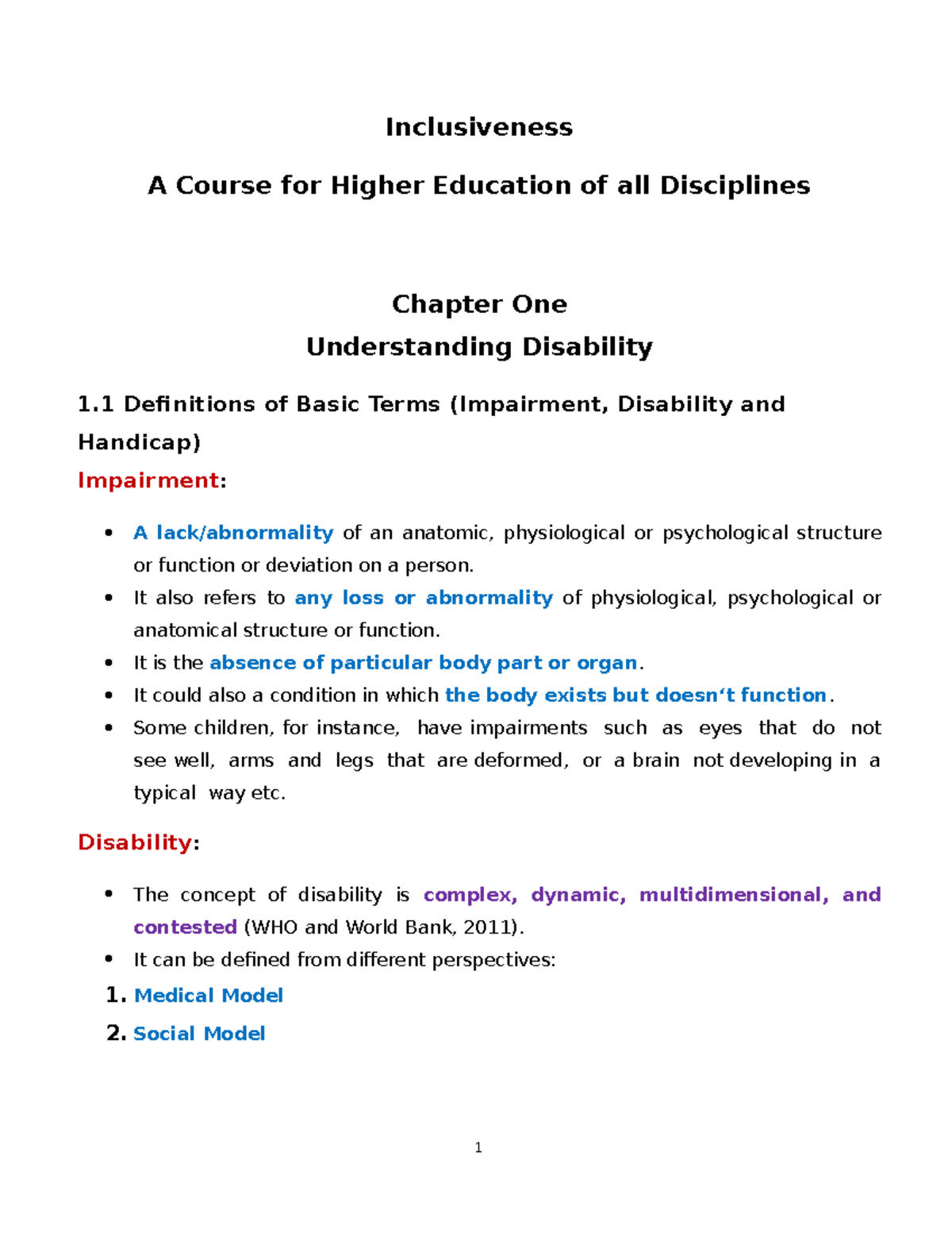 Inclusive summary - teachers note - Inclusiveness A Course for Higher ...