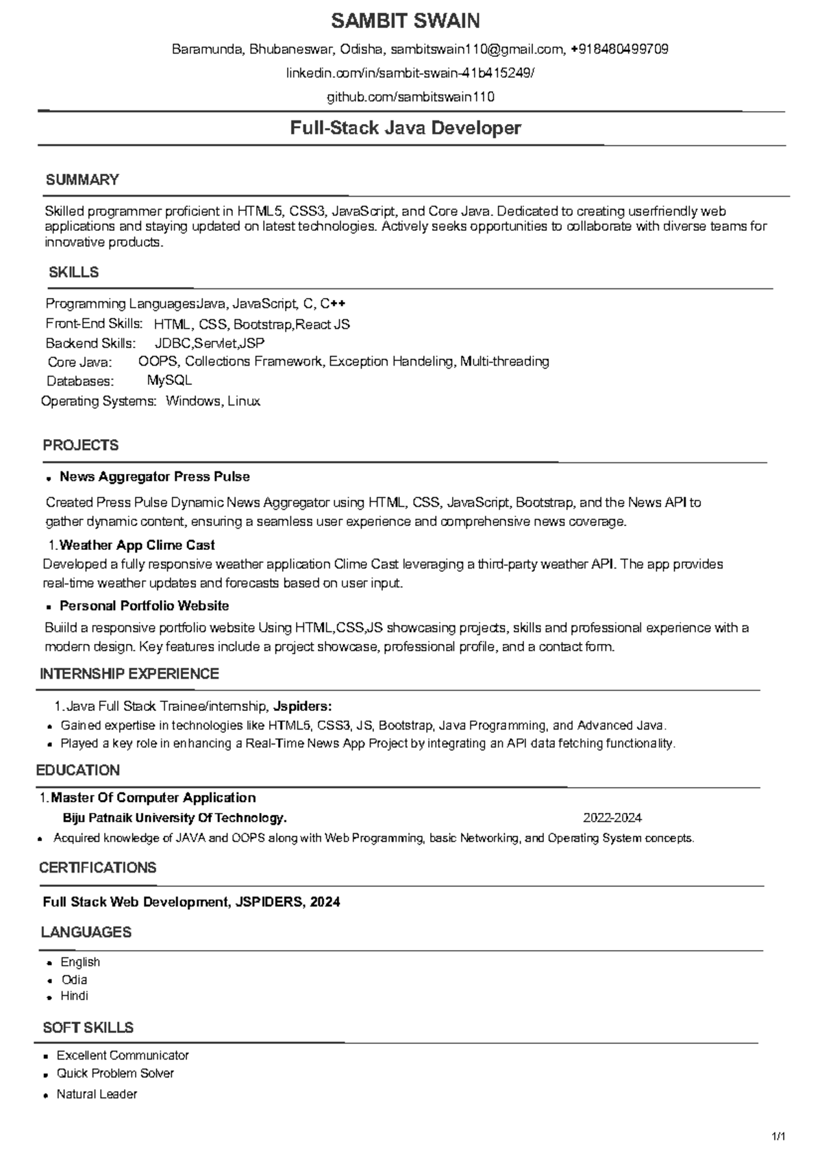 Resume ATS.pdf - Java, JavaScript, C, C++ HTML, CSS, Bootstrap,React JS ...