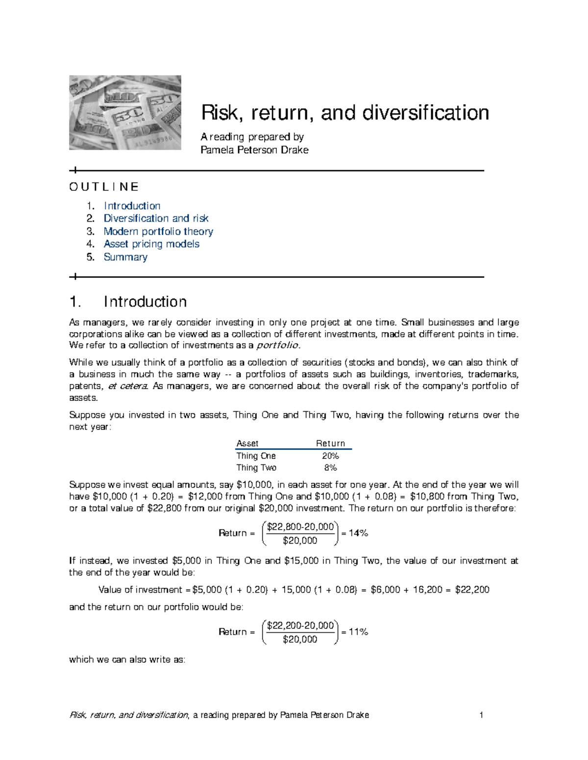 Riskreturn 2 - Risk, return, and diversification A reading prepared by ...