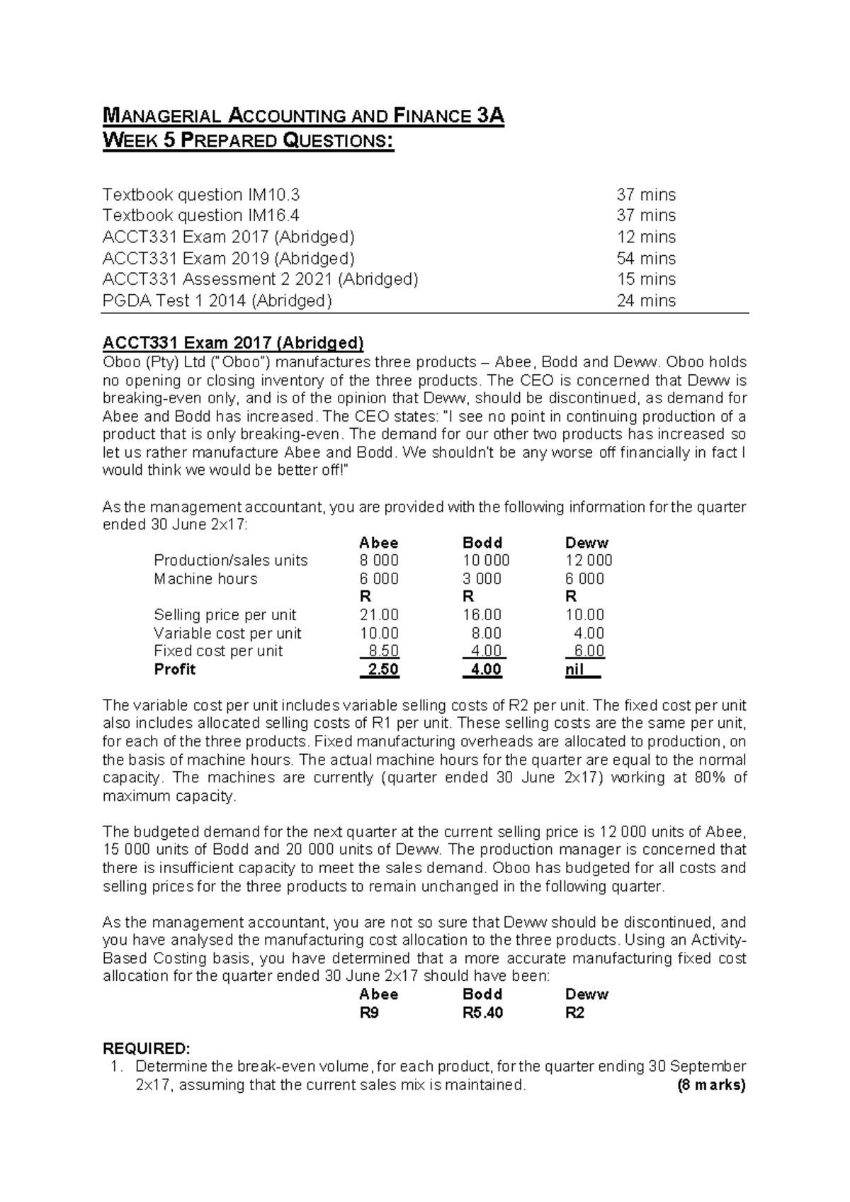 ACCT331 Week 5 Prepared questions - M ANAGERIAL ACCOUNTING AND FINANCE ...