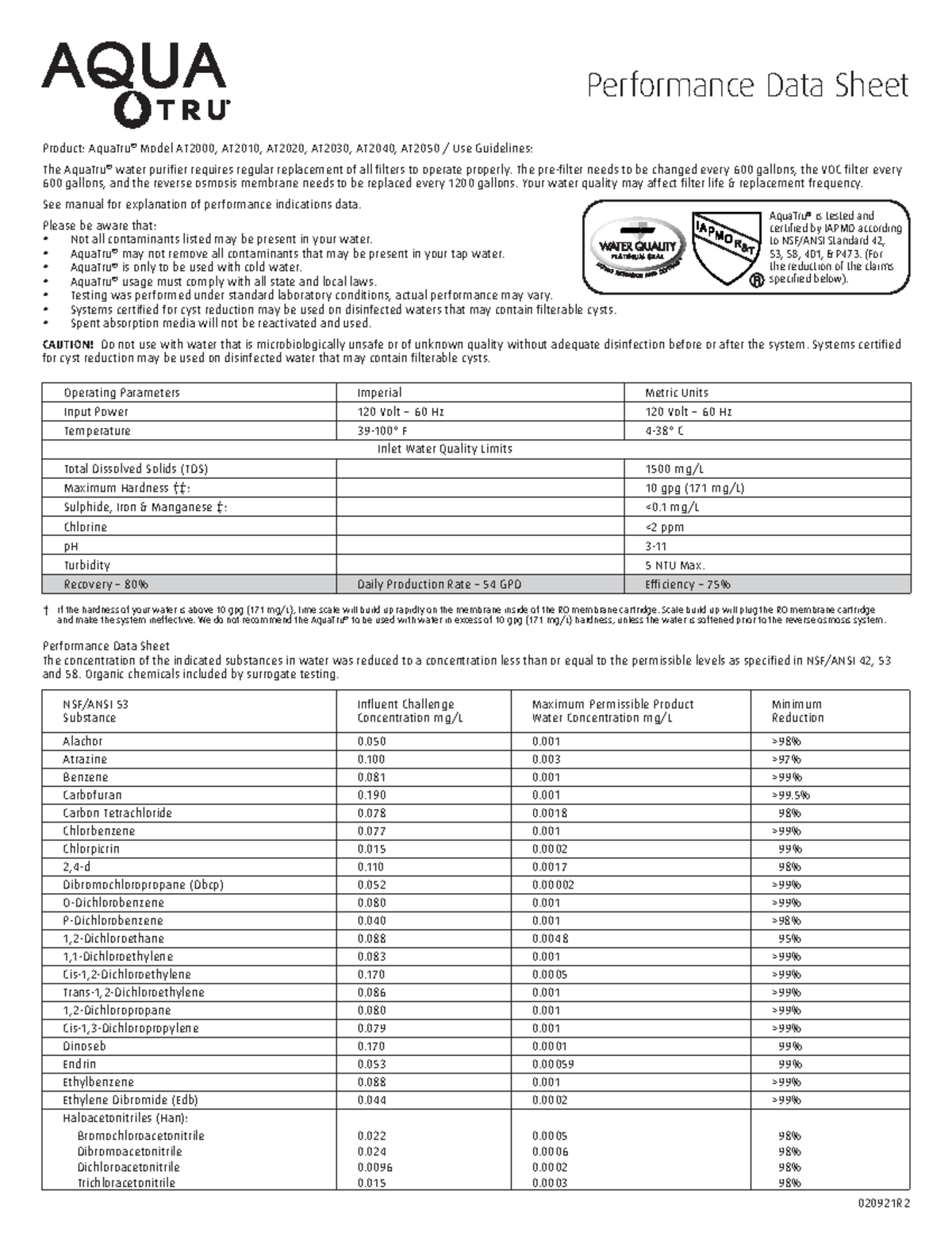 AQT Performance Data Sheet 2.21.R2 - Product: AquaTru® Model AT2000 ...