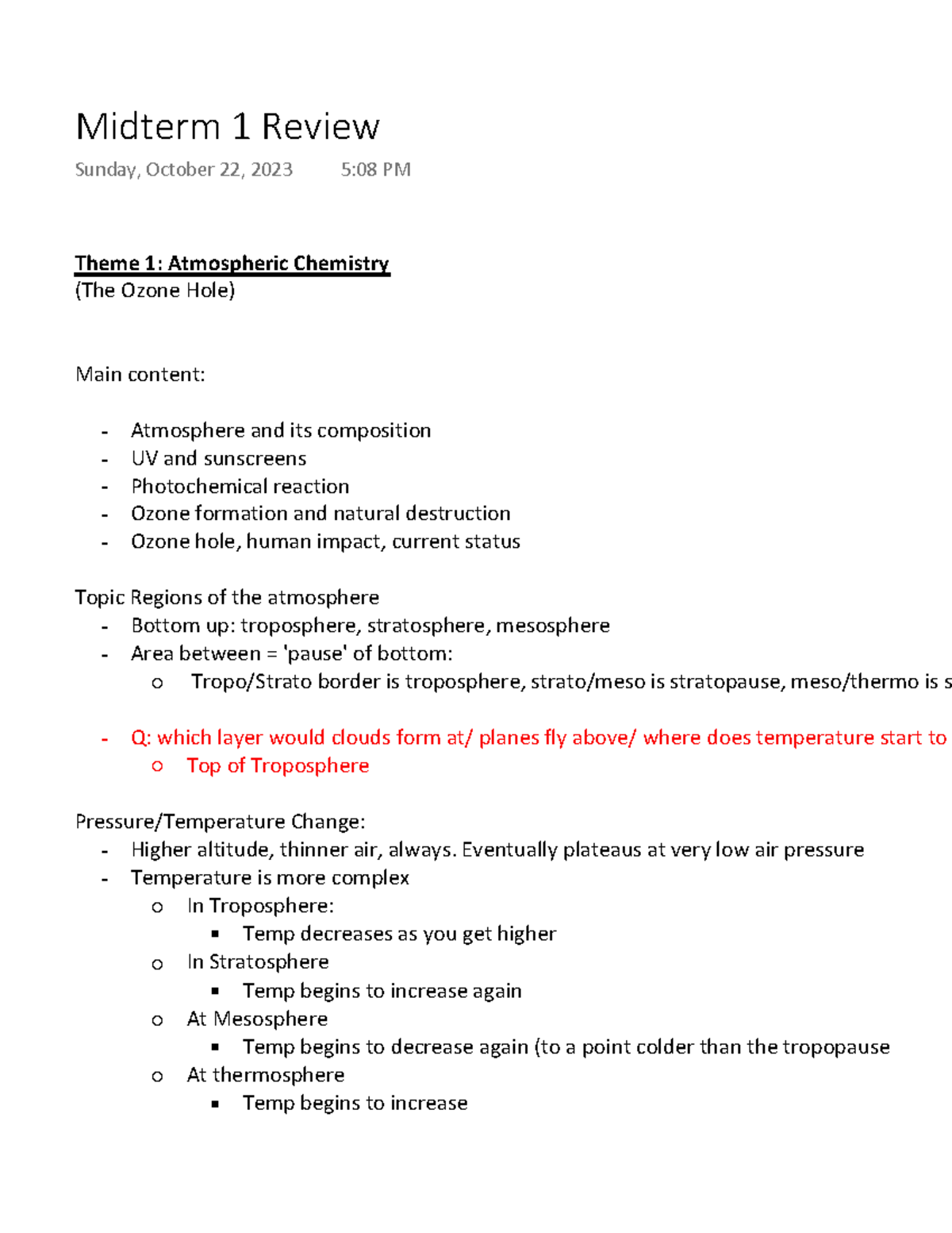 Midterm 1 Review - Theme 1: Atmospheric Chemistry (The Ozone Hole) Main content: Atmosphere and ...