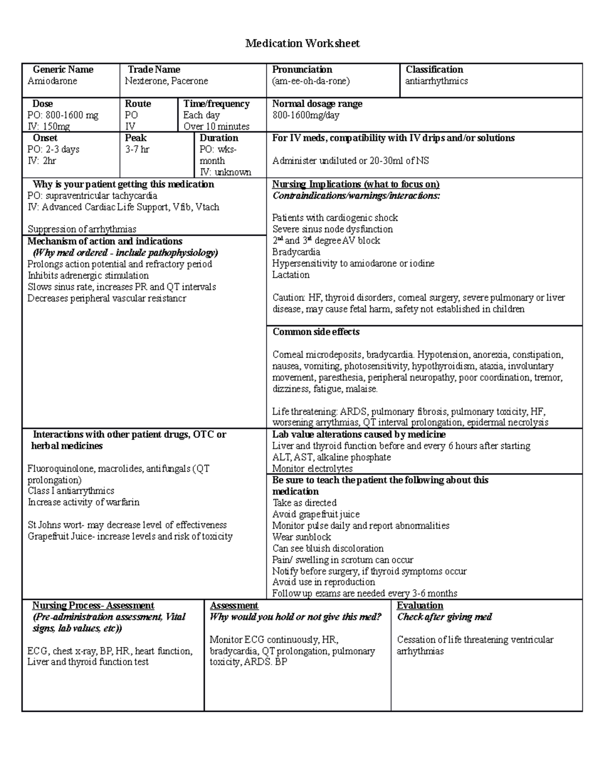 Amiodarone Drug Card - lkkkk - Medication Worksheet Generic Name ...