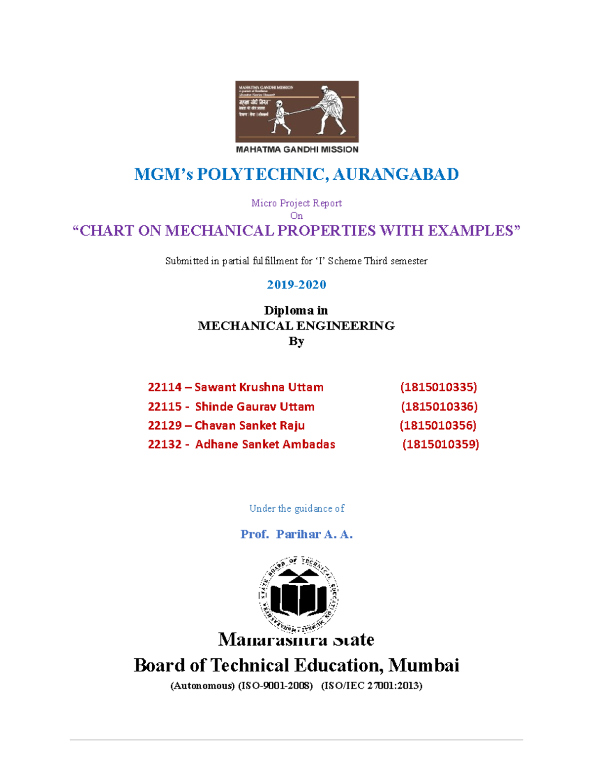 SOM Microproject - MGM’s POLYTECHNIC, AURANGABAD Micro Project Report On “CHART ON MECHANICAL ...