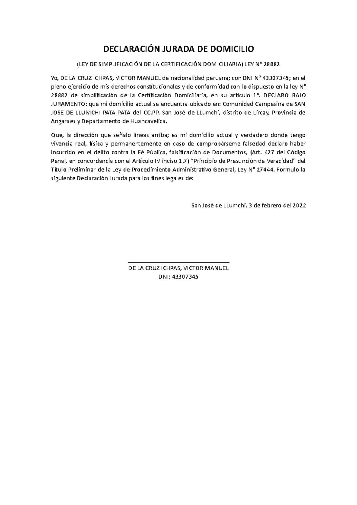 Declaración Jurada DE Domicilio Comunidad Campesina - DECLARACIÓN ...