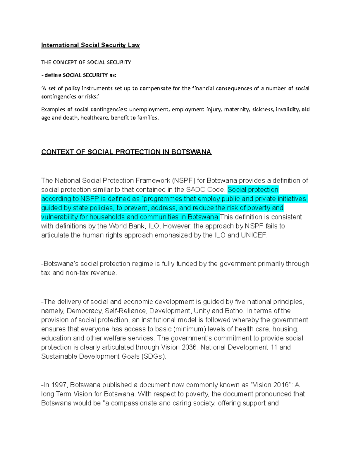 SS notes - International Social Security Law THE CONCEPT OF SOCIAL ...