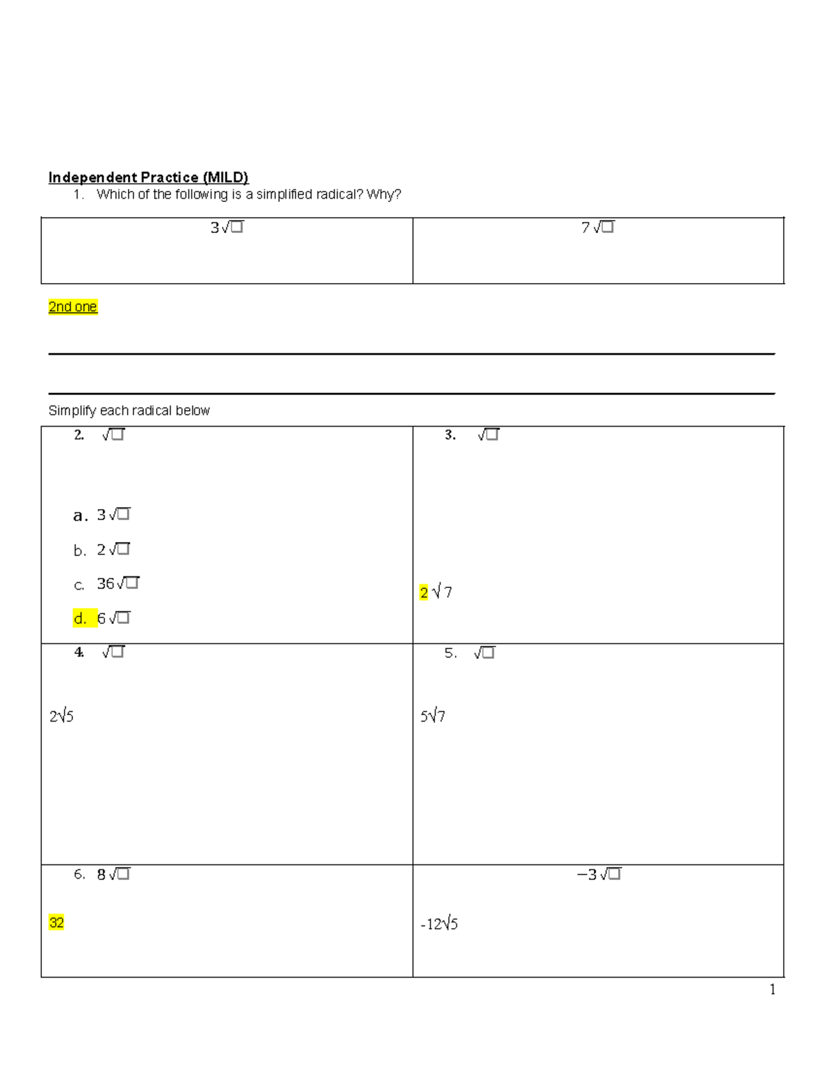 Copy of 3 Lesson 019 Simplifying Radicals - Independent Practice (MILD ...