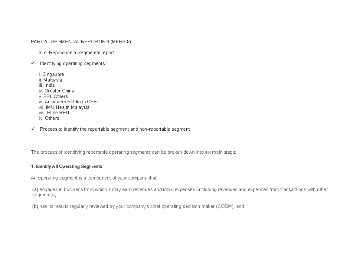 Assignment FAR70 SEGMENTAL REPORT IHH HEALTHCARE BHD - PART A ...