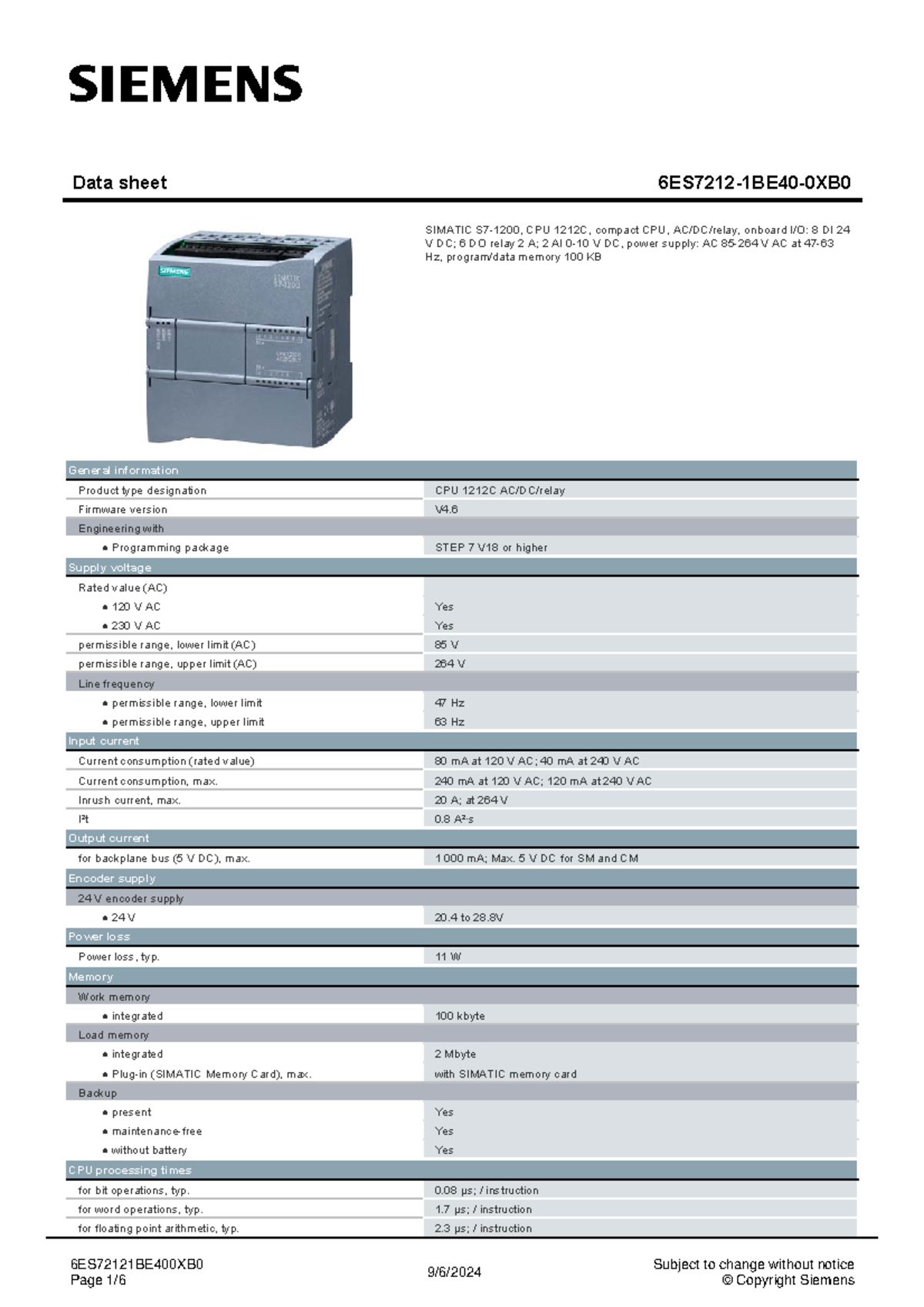 DATASHEET SIEMENS 1200 CPU1217 - Data sheet 6ES7212-1BE40-0XB SIMATIC ...