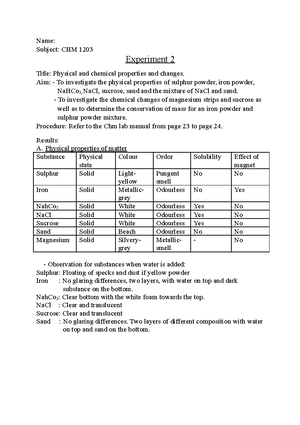 Experiment 1 - Lab report - Name: Subject: CHM 1203 Experiment 1 Title ...