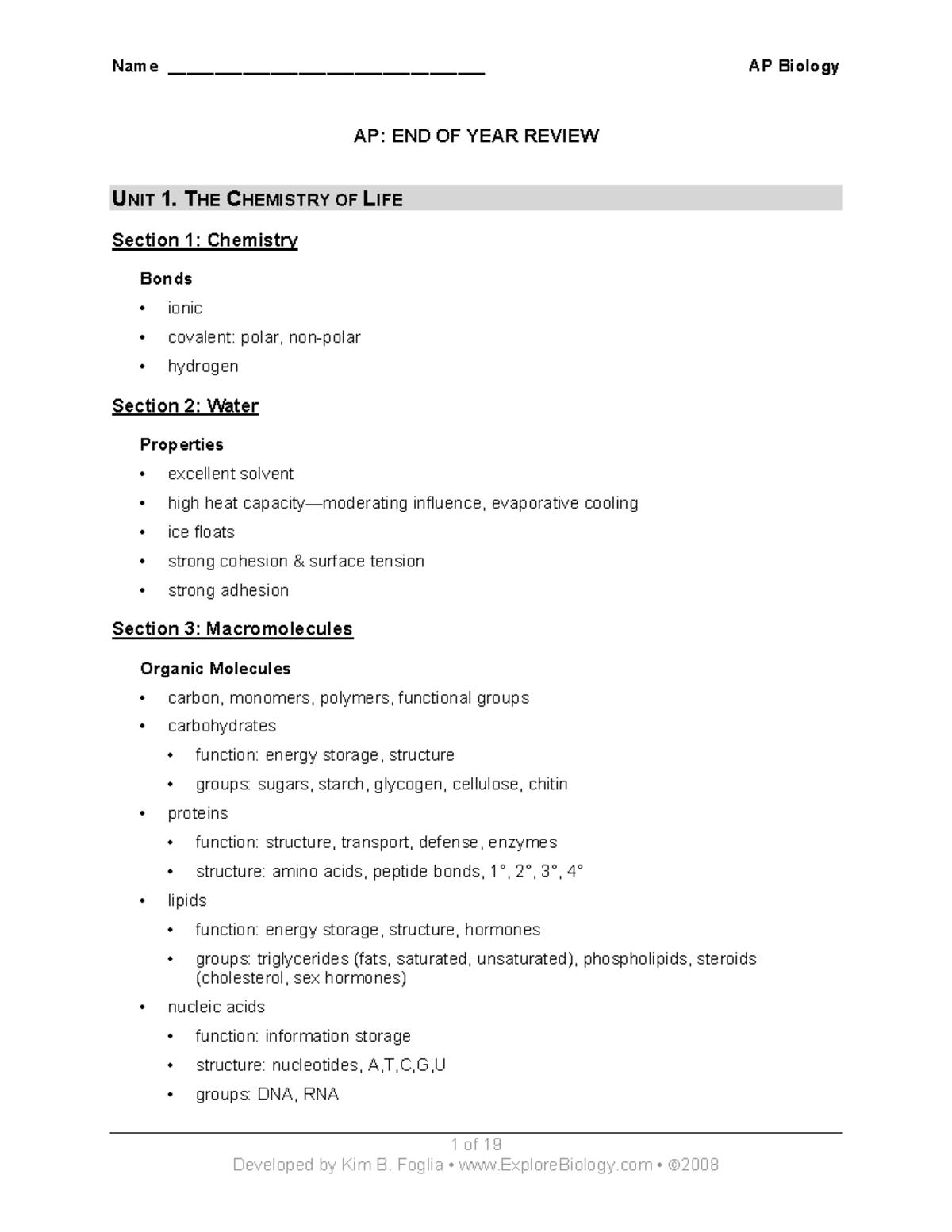 Pdf. AP Bio~ Review Course - 1 of 19 AP: END OF YEAR REVIEW U NIT 1. T ...