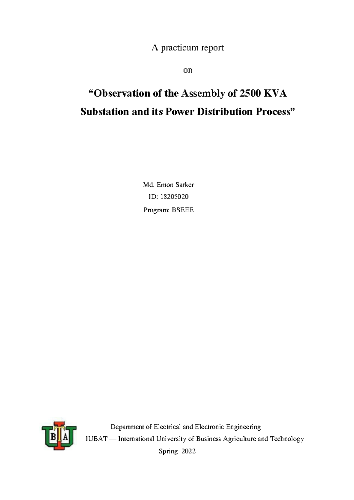 Emon practicum Final - introduction to electrical and electronic - A ...