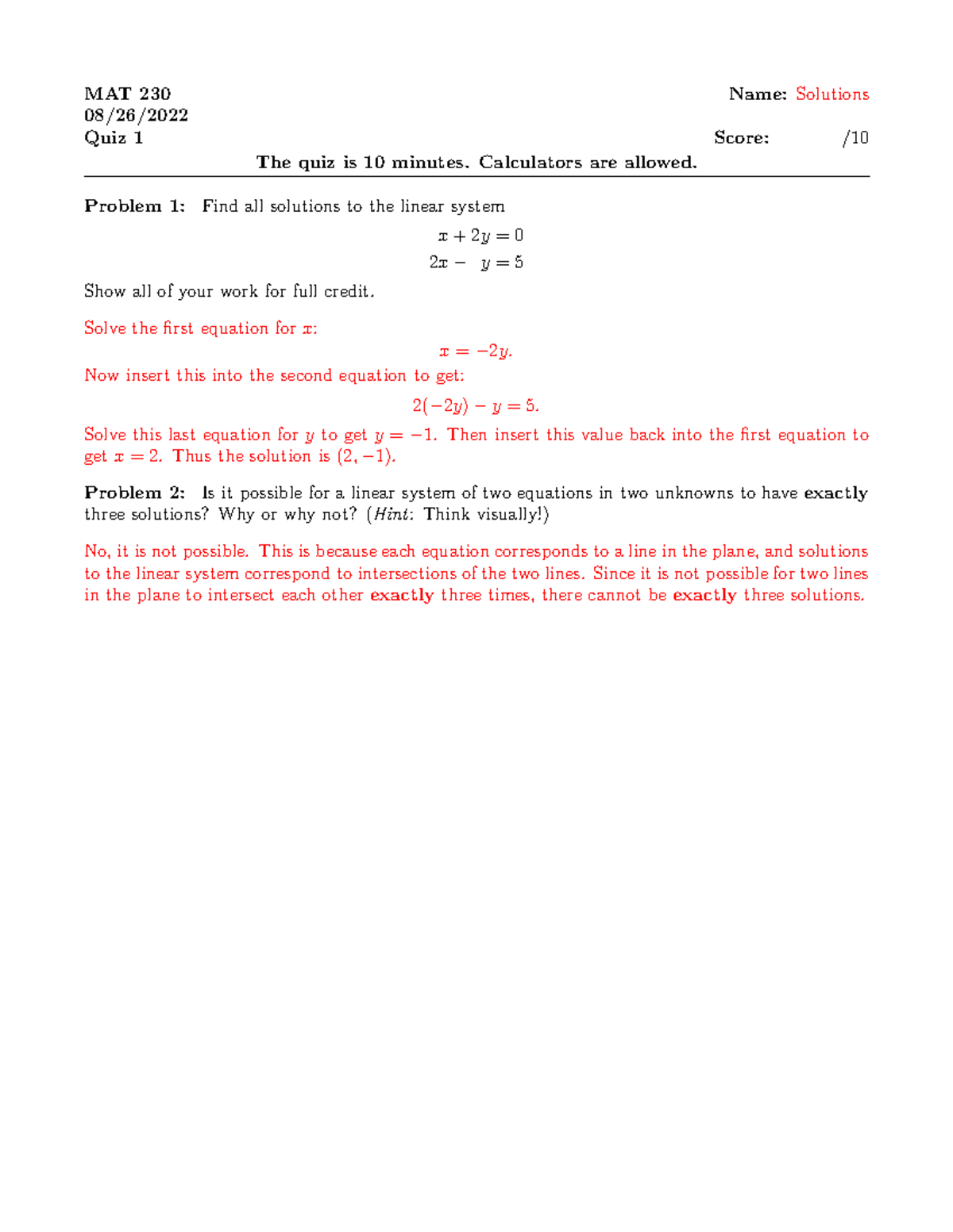 Quiz 1, Solutions - MAtrix algebra quiz with answers - MAT 230 Name ...