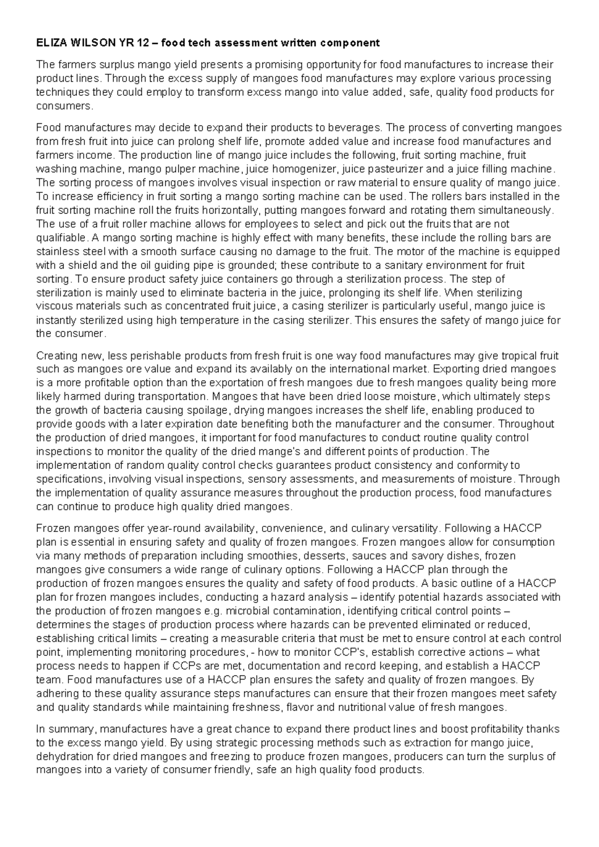 Yr 12 food tech assessment - ELIZA WILSON YR 12 – food tech assessment ...
