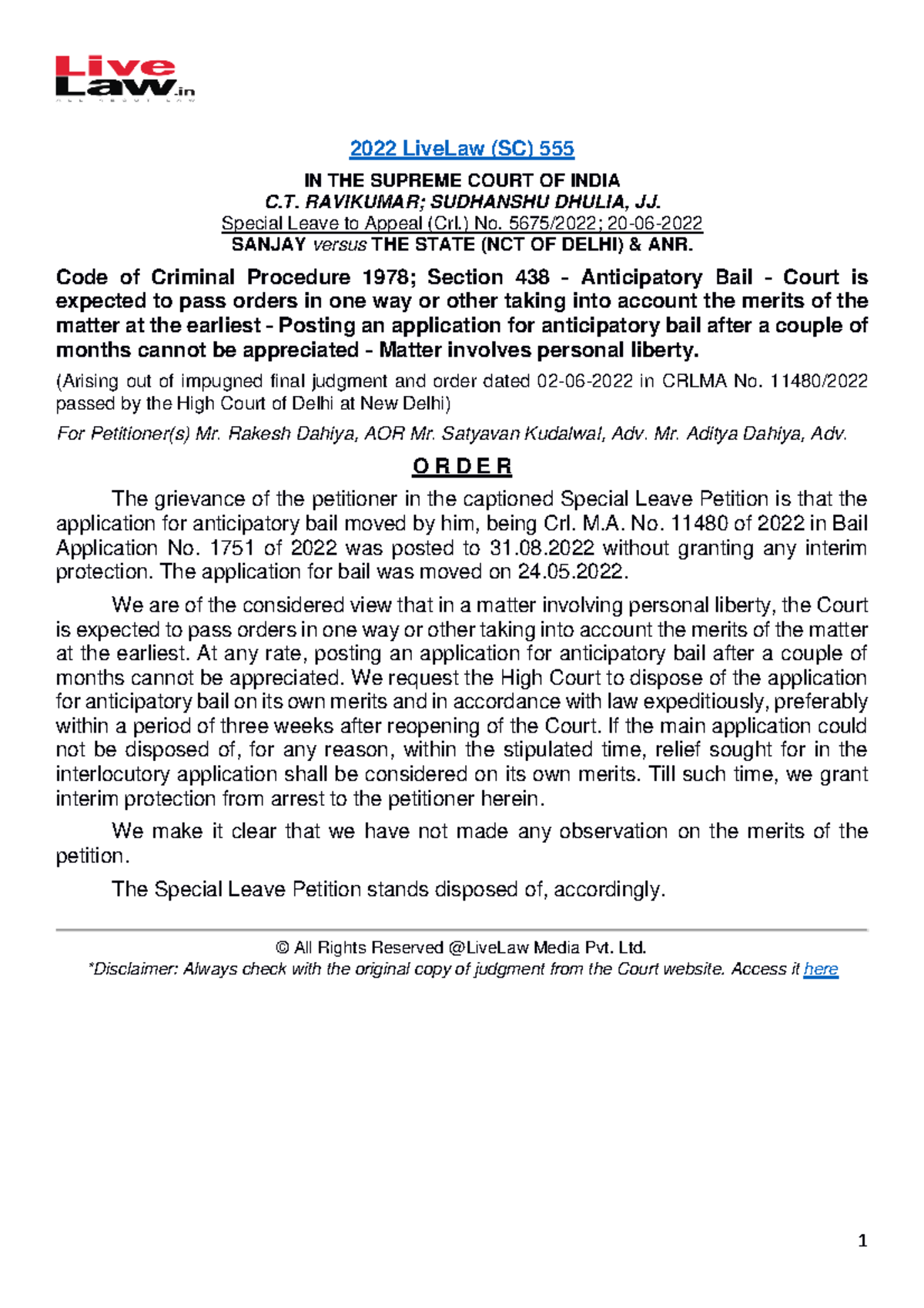 555 sanjay v state nct of delhi 20 june 2022 422853 - 1 2022 LiveLaw ...