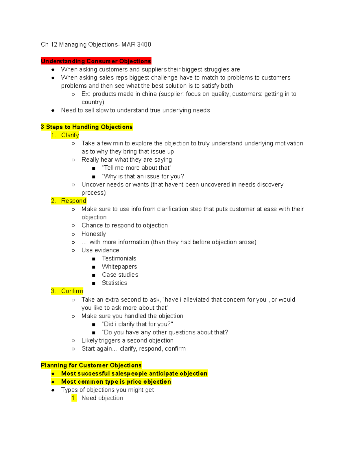 Ch 12 Managing Objections - Clarify Take a few min to explore the ...