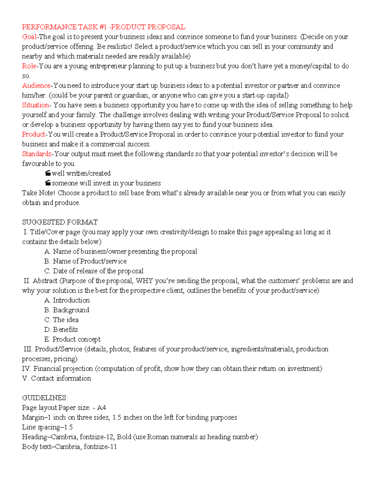 Performance TASK - PERFORMANCE TASK #1 -PRODUCT PROPOSAL Goal-The goal ...