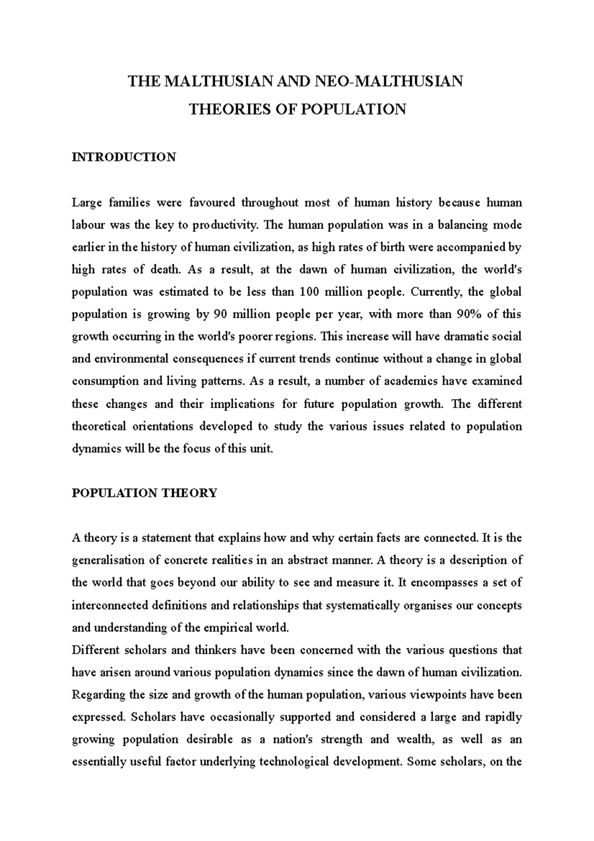 THE Malthusian AND NEO- Malthusian Theories OF Population - THE ...