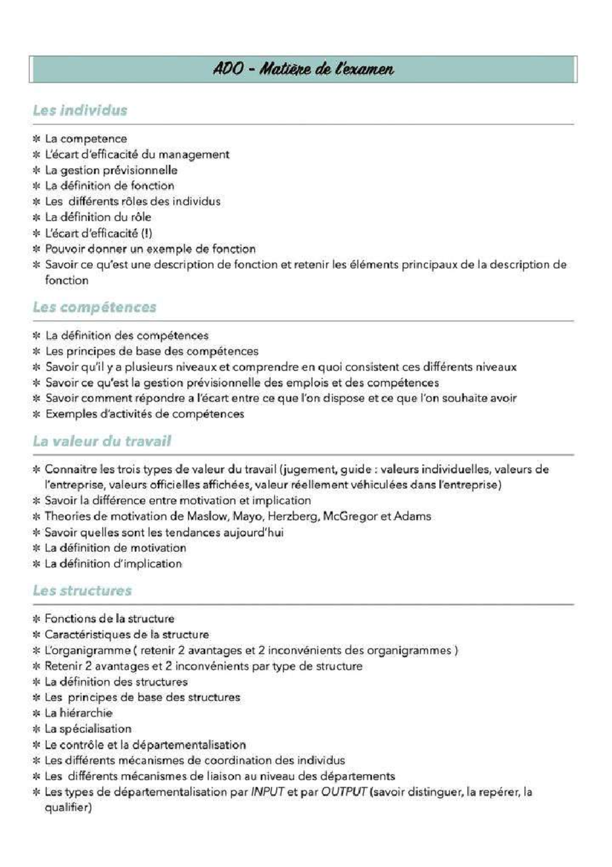 A connaitre pour l'interro dispensatoire ADO Novembre 2023/2024 - Analyse des organisations ...