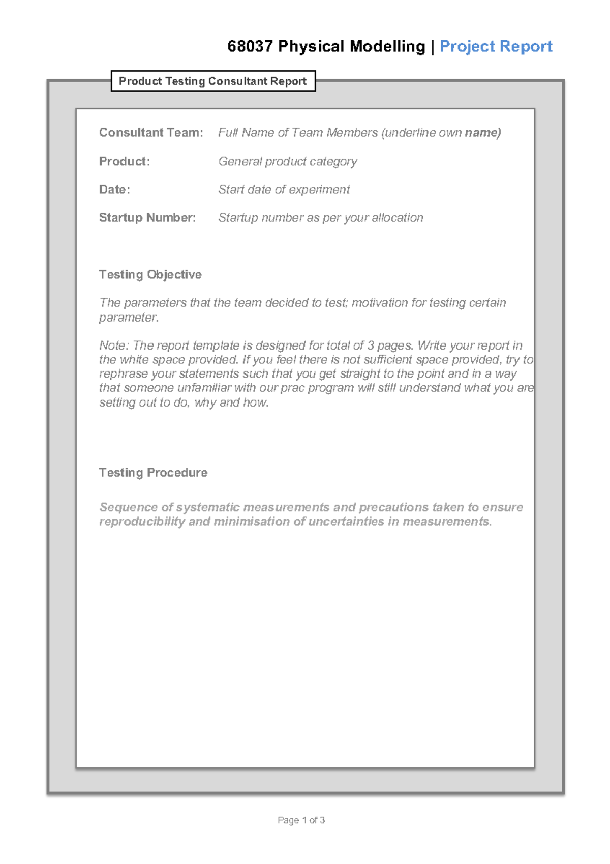 PE Report Guide - 68037 Physical Modelling | Project Report Page 1 of 3 ...