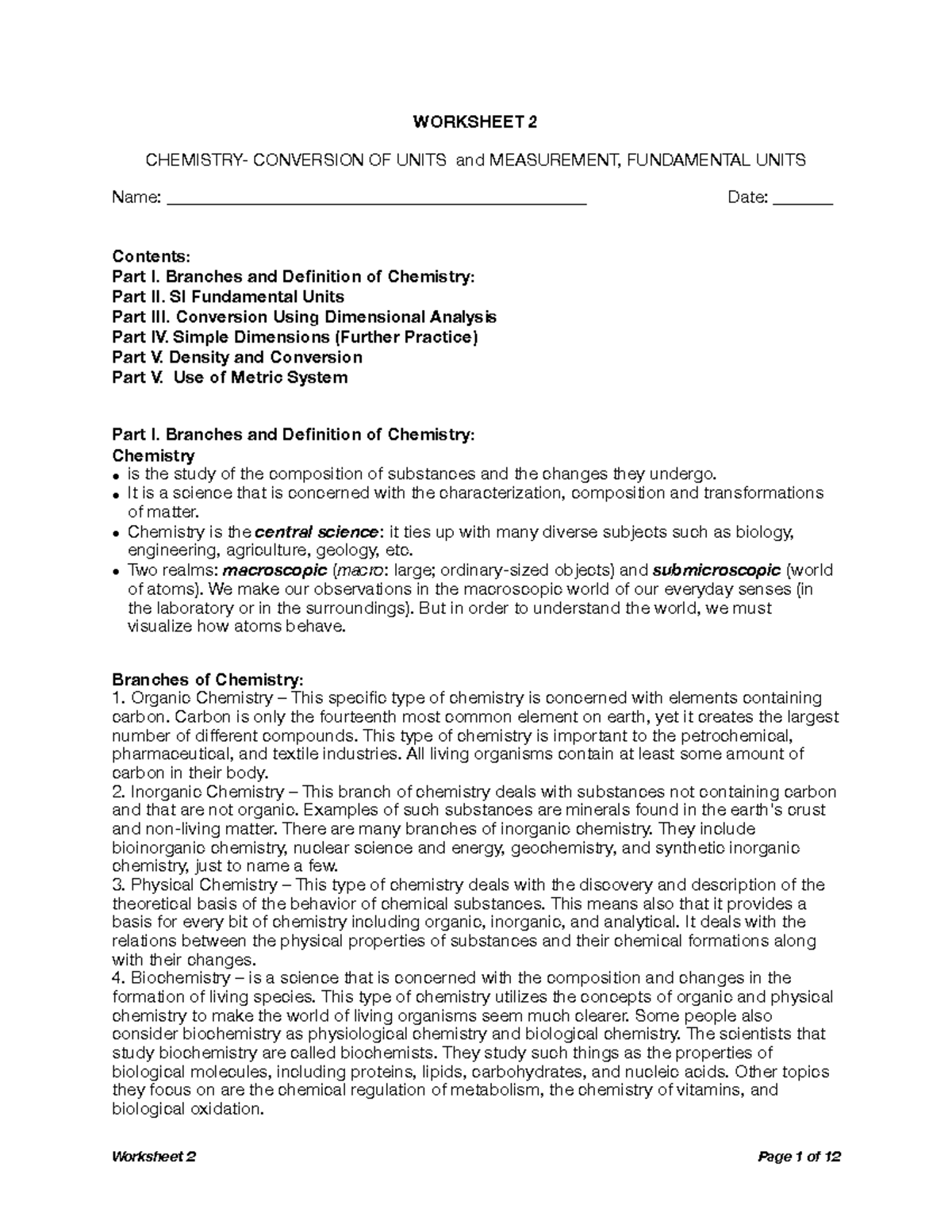 conversion and unit measurements - WORKSHEET 2 CHEMISTRY- CONVERSION OF ...