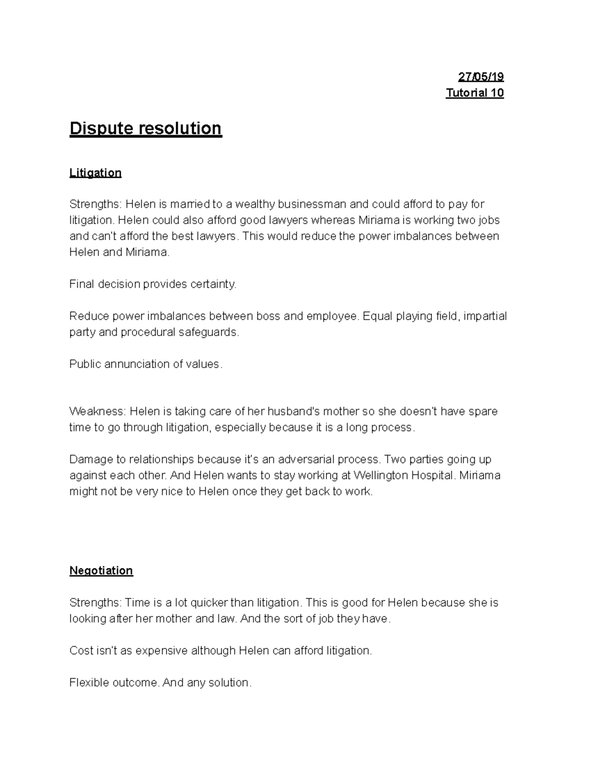 Tutorial 10-LAWS121 - dispute resolution - Tutorial 10 Dispute resolution Litigation Strengths ...