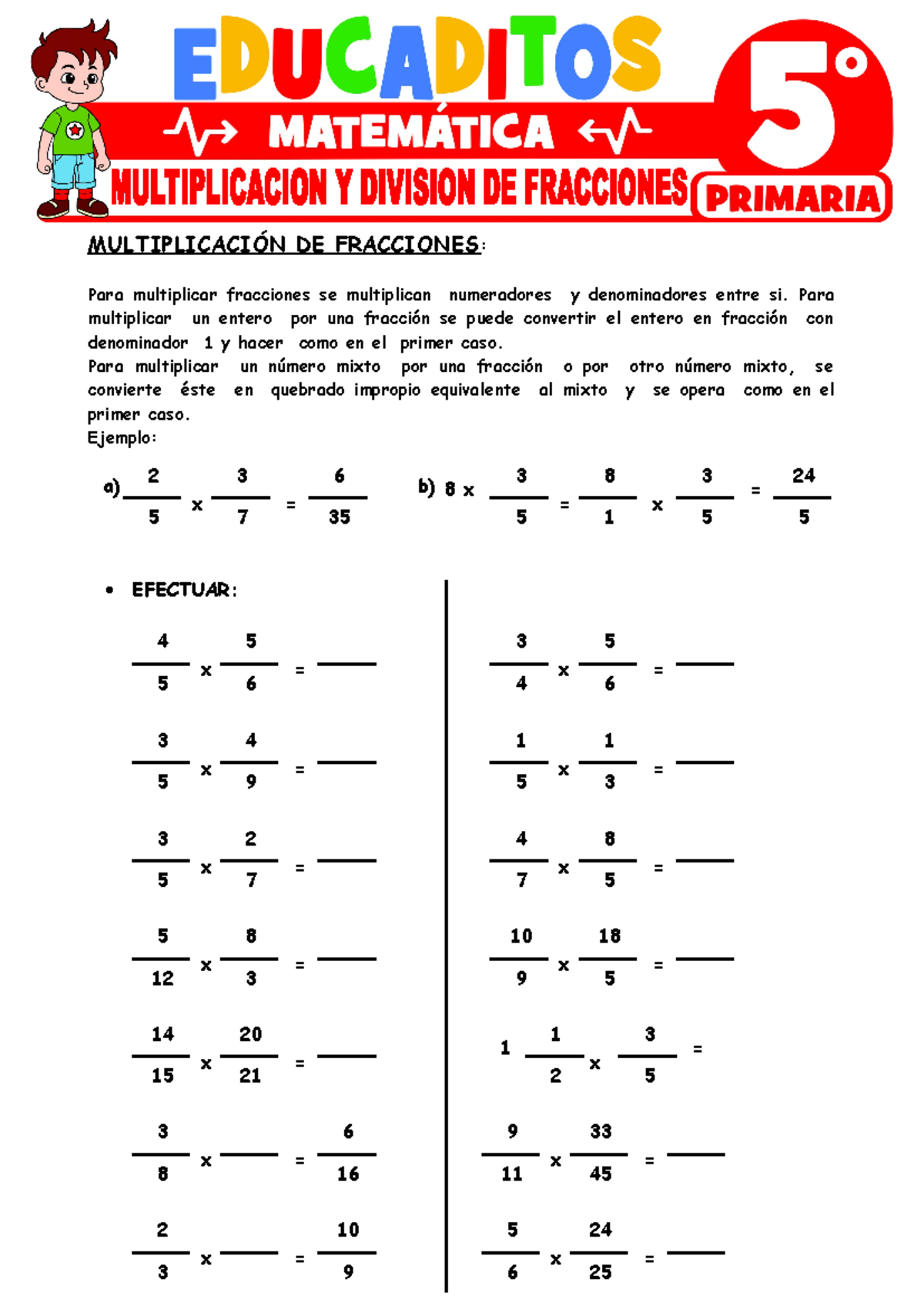 Multiplicacion y Division de Fracciones para Quinto Grado de Primaria ...