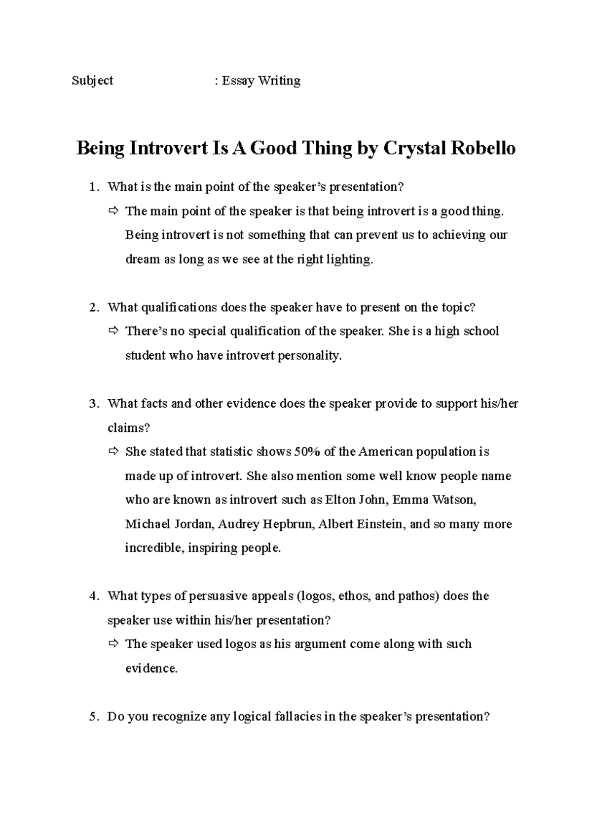 Answer OF TED 2 Video 2 Being Introvert Is A Good Thing by Crystal ...