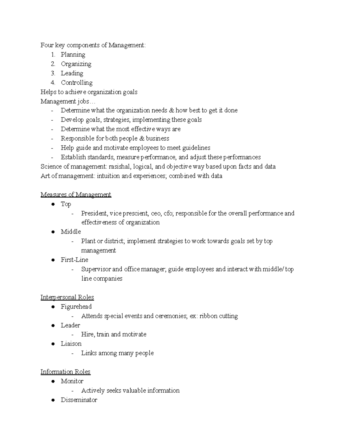 BUSN Management Notes - Four key components of Management: 1. Planning ...