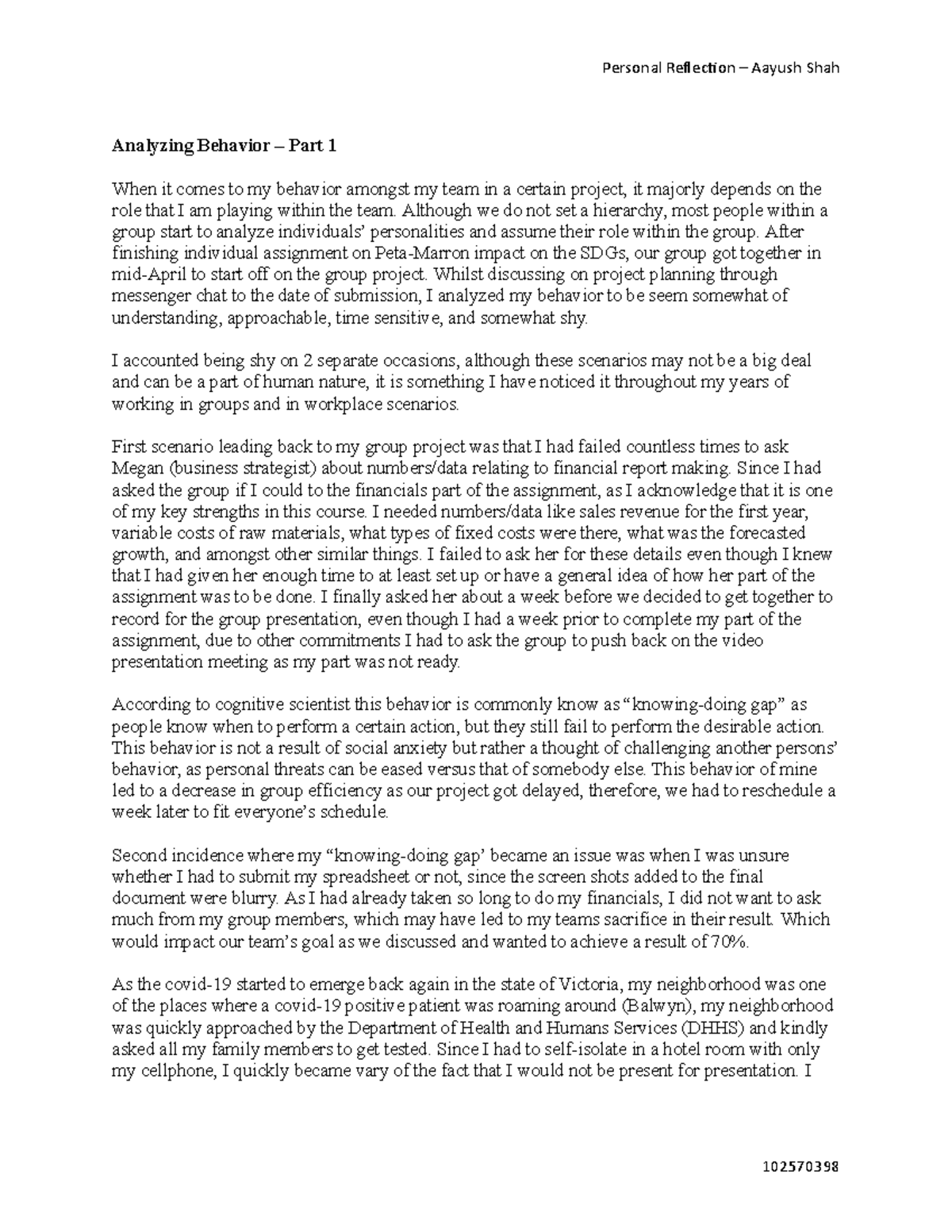 Personal Reflection assignment - Analyzing Behavior – Part 1 When it ...