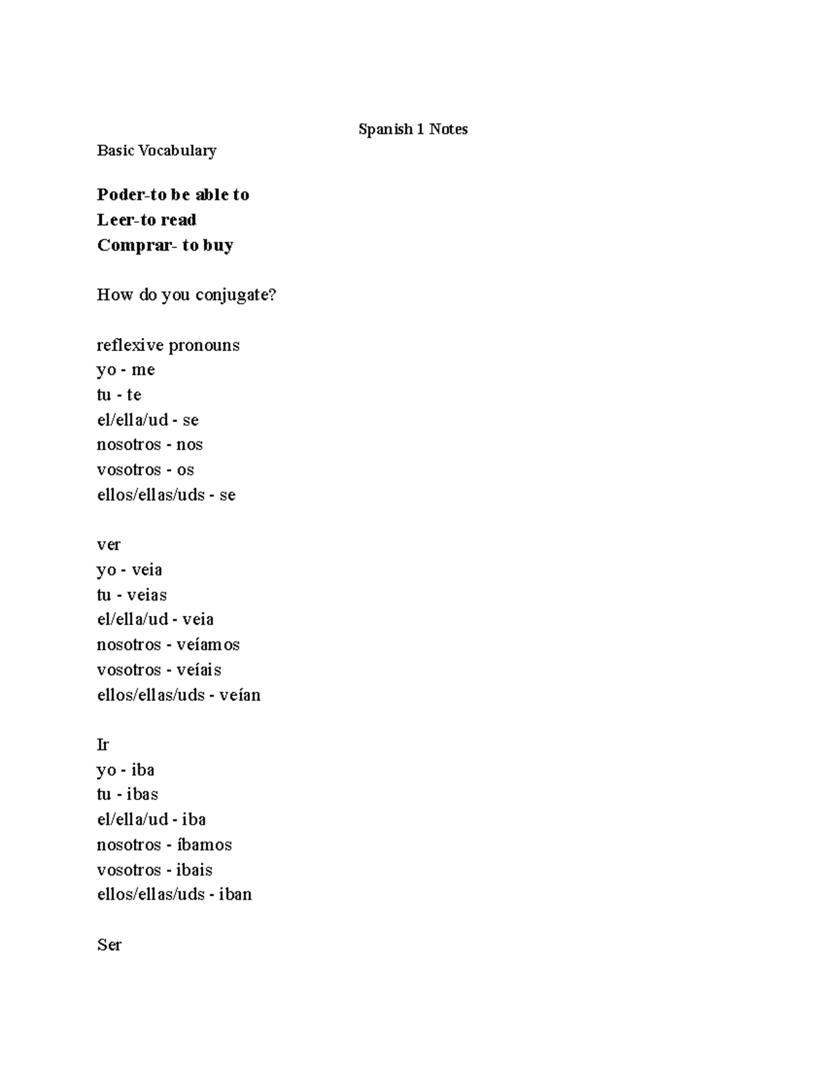 Intermediate Spanish I Notes - Spanish 1 Notes Basic Vocabulary Poder ...