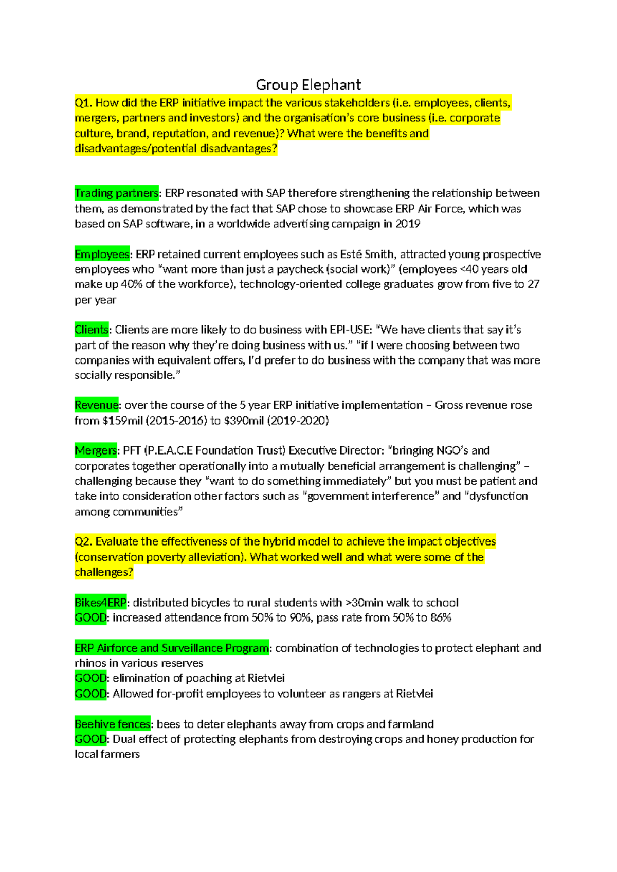Group Elephant Case Study - Group Elephant Q1. How did the ERP ...