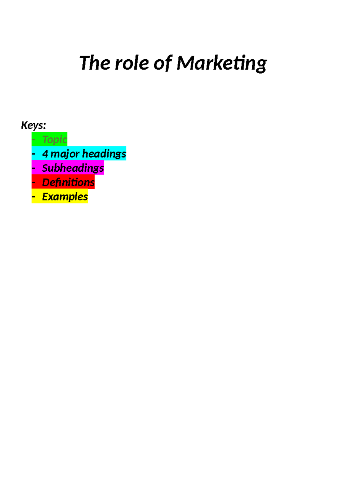 Business studies notes - The role of Marketing Keys: - Topic - 4 major ...