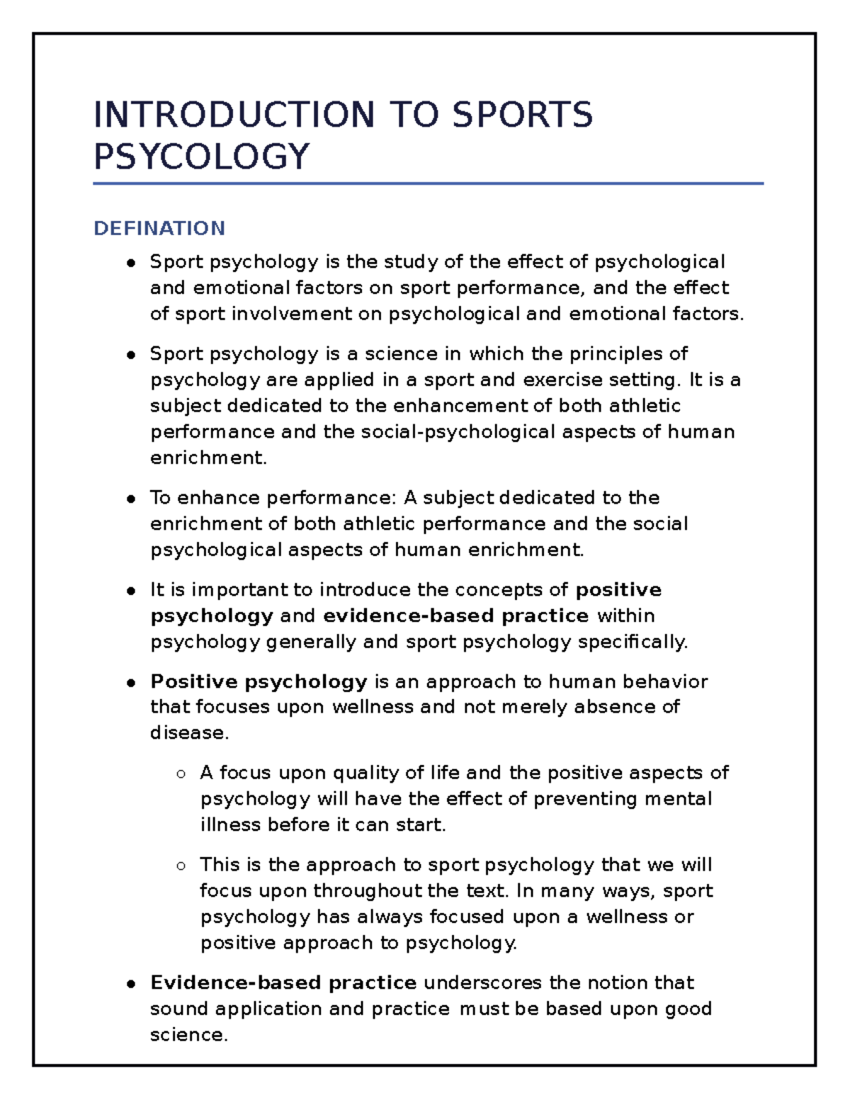 Introduction TO Sports Psycology - INTRODUCTION TO SPORTS PSYCOLOGY ...