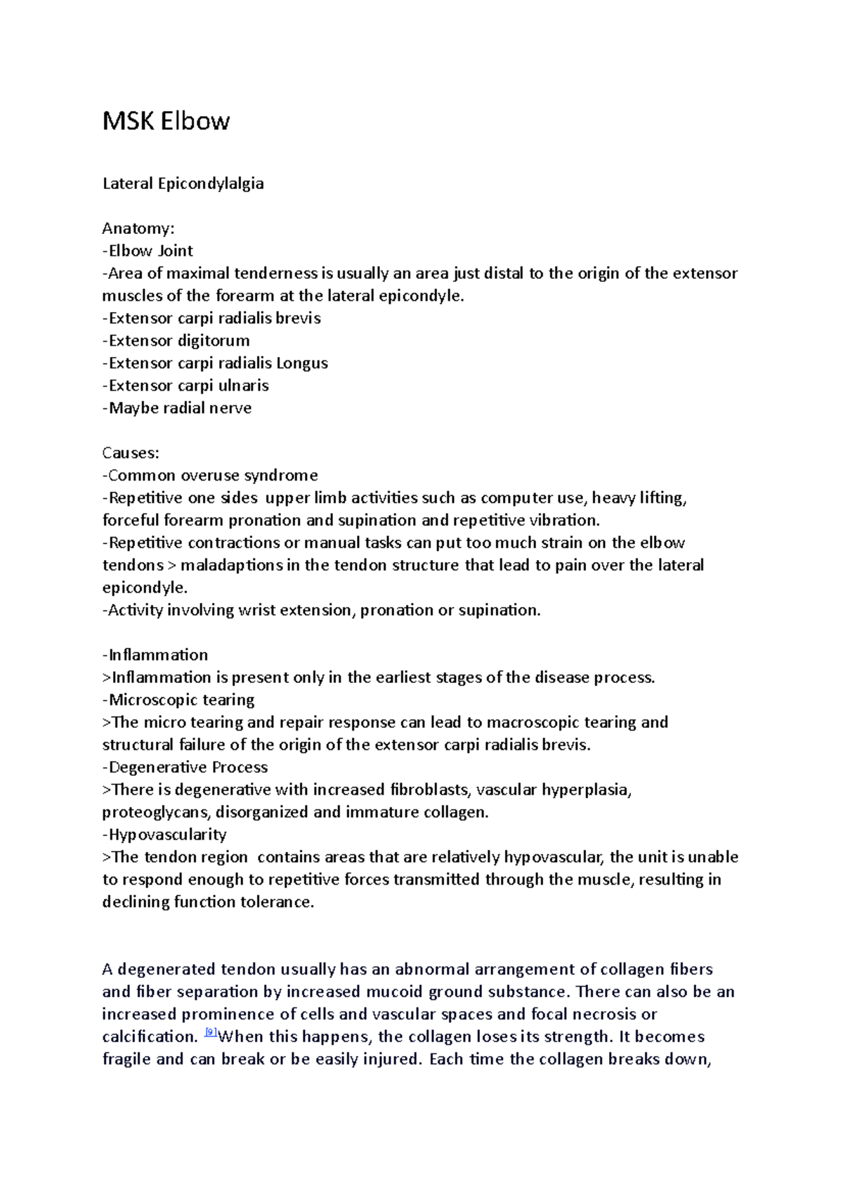MSK Elbow - Summary Physiotherapy MSK upper limb - MSK Elbow Lateral ...