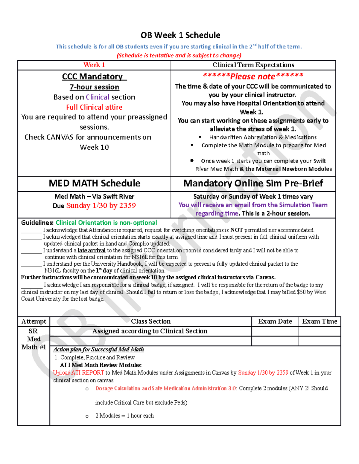 OB Information Handout Spring 1 2021 - OB Week 1 Schedule This schedule ...