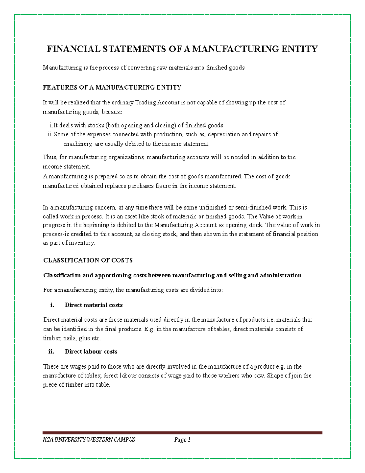 Financial Statements OF A Manufacturing Entity - FINANCIAL STATEMENTS ...