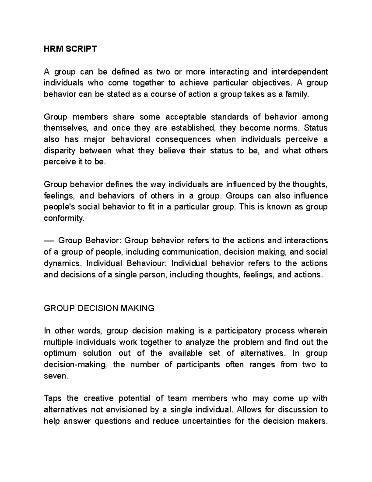 HRM Script - HRM SCRIPT A group can be defined as two or more ...