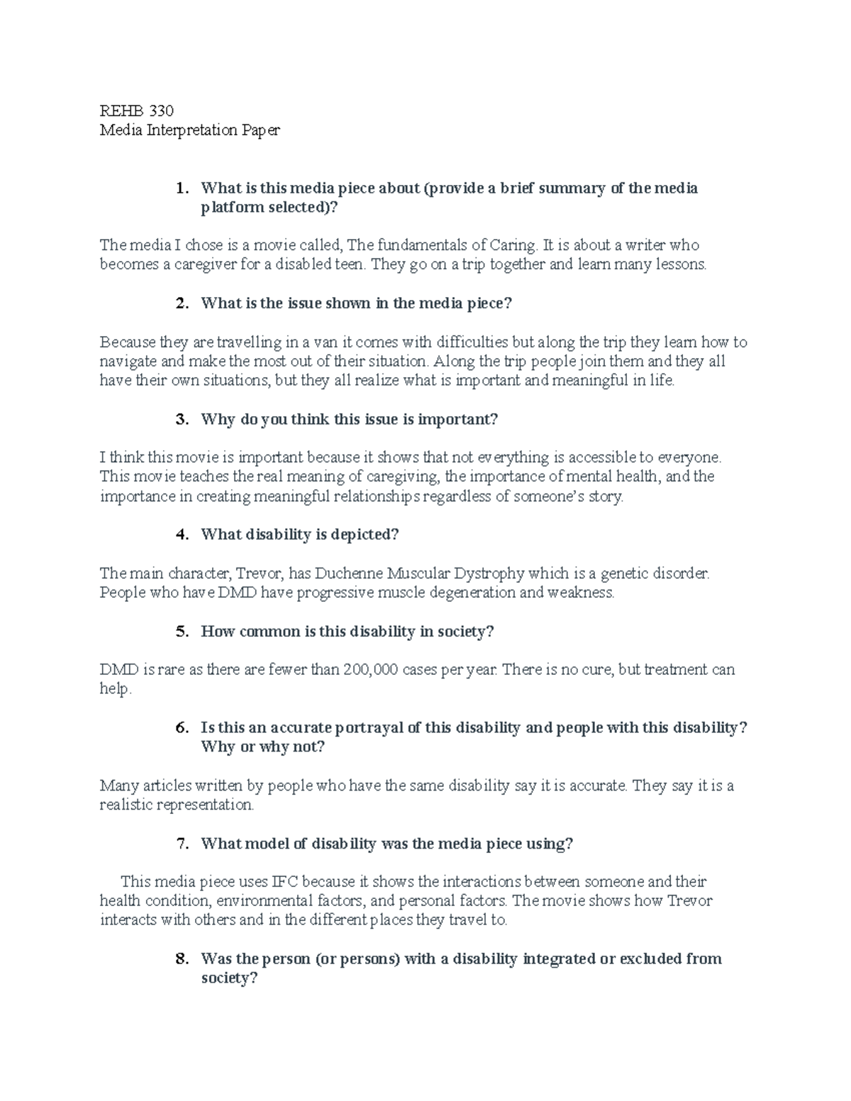 REHB 330 - Media Interpretation Paper - REHB 330 Media Interpretation ...